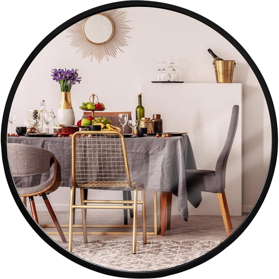 18 Inch Black Round Mirror, Stylish Wall Mounted Metal Frame Circle ...