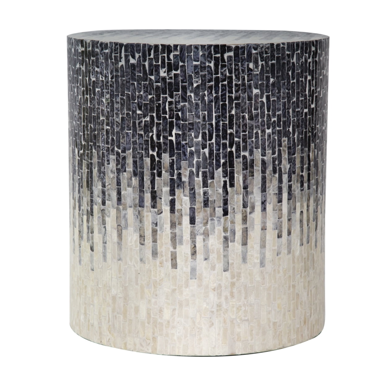 18 Inch Capiz Accent Stool Table, Cylindrical Mosaic, Off White, Black ...