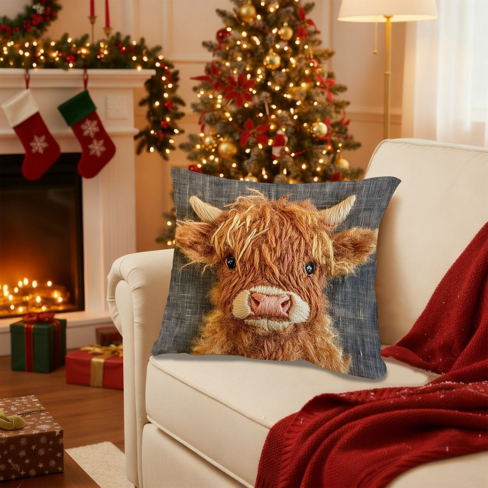 18 Inch Christmas Short Lint Pillow Cover, Cute Embroidery Multicolor ...