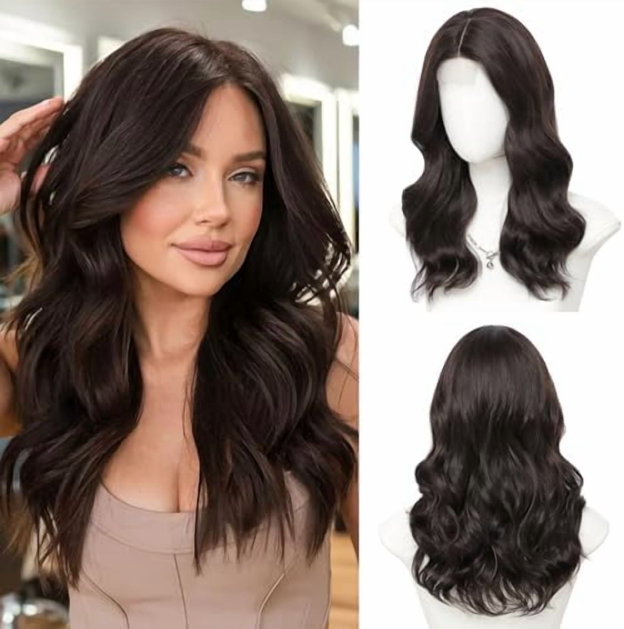 18 Inch Dark Brown Wig for Women, Middle Part Medium Length Wavy ...