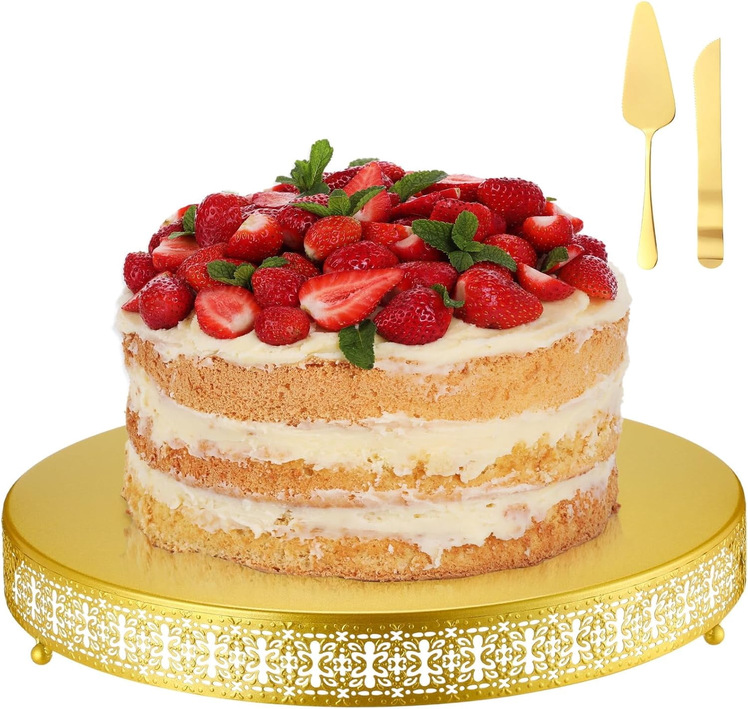 18 Inch Gold Metal Round Cake Stand Set with Cake Knife and Spatula for ...