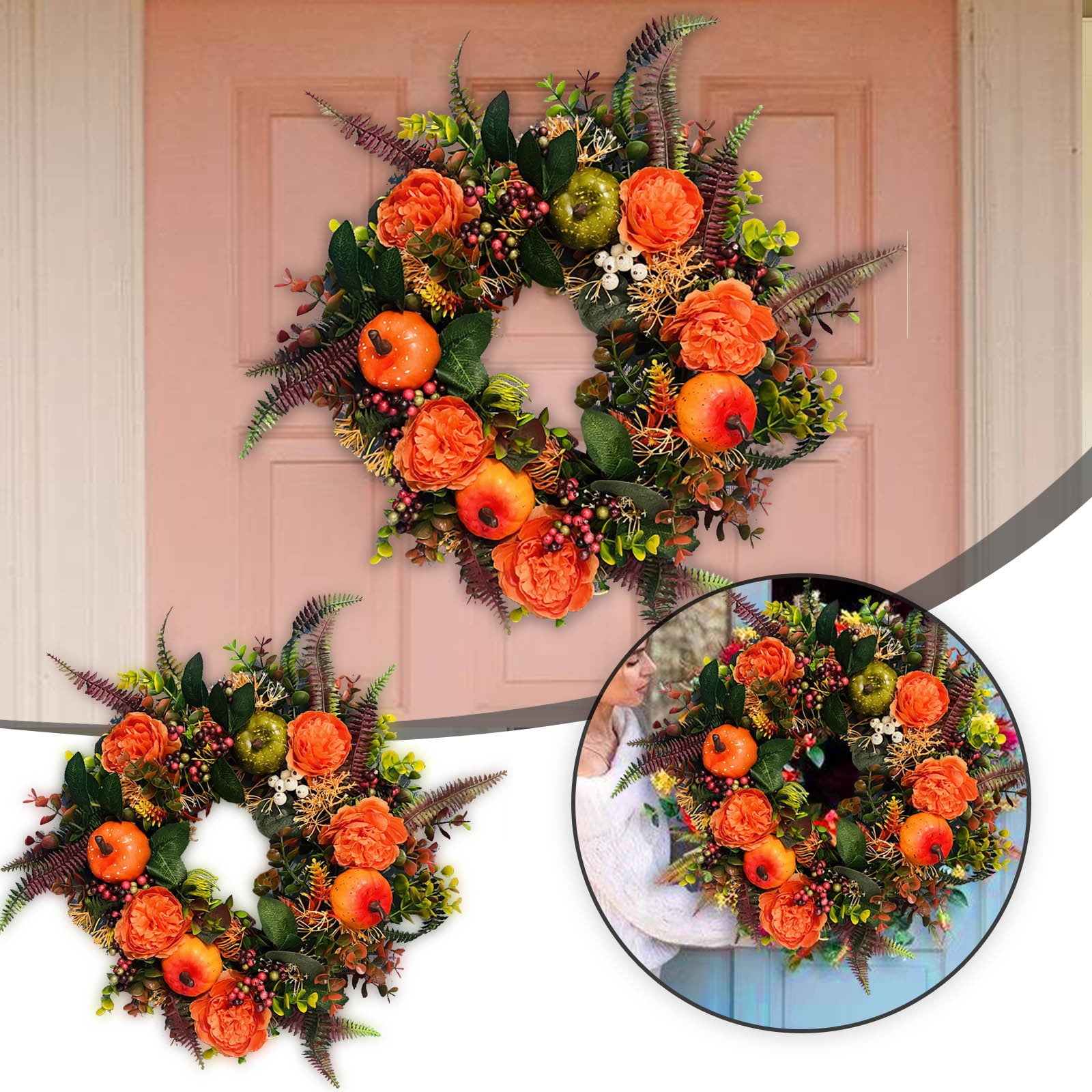 18 Inch Halloween Fall Harvest Wreath with Maple Leaf Pumpkin and Peony ...