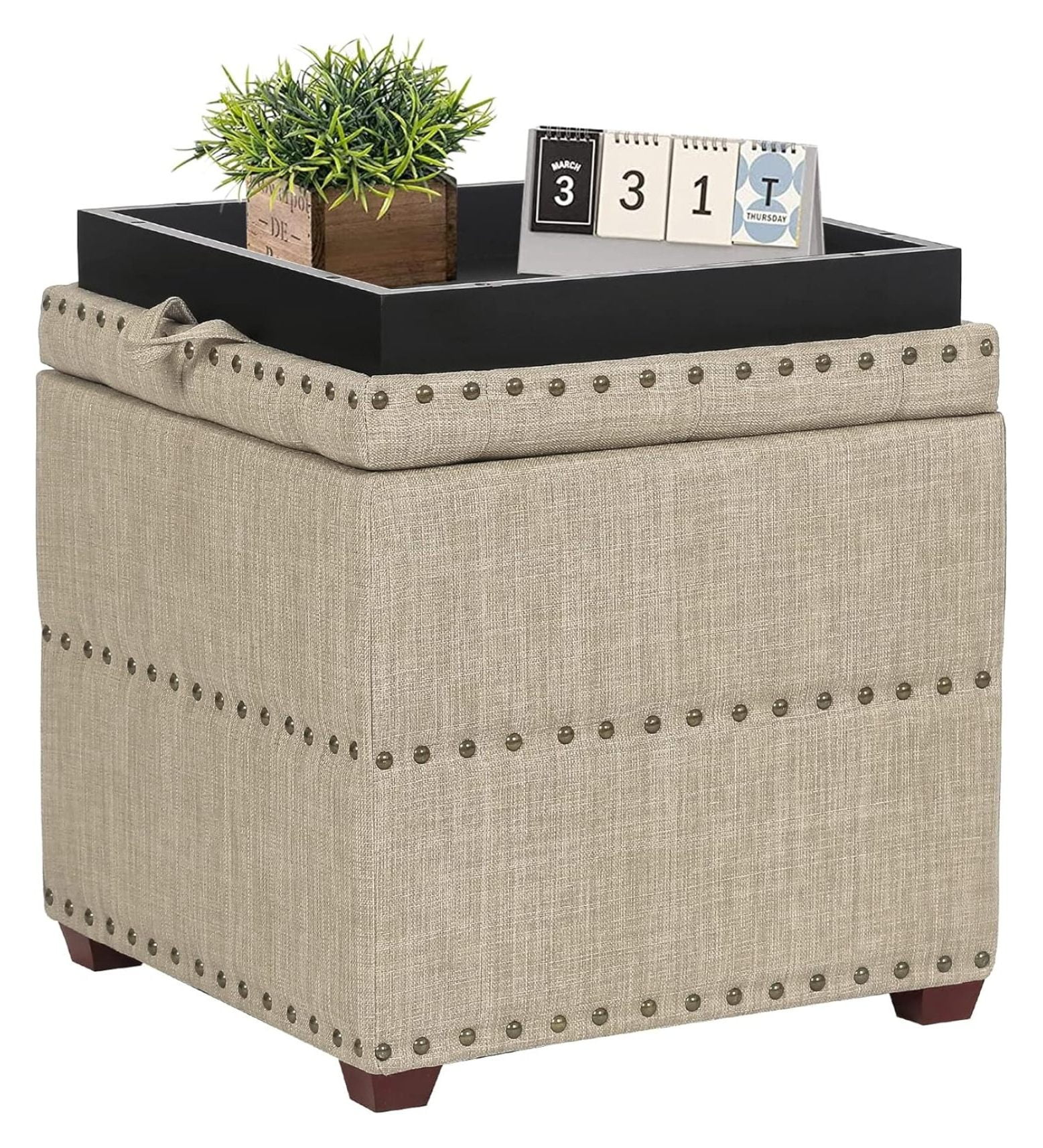 18 Inch High Cube Ottoman Storage, Linen Beige Chair Foot Stools with ...