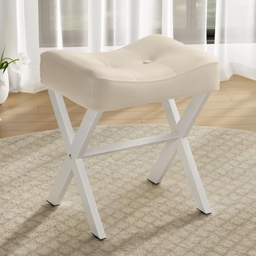 18-Inch Leather Vanity Stool Chair, Vanity Bench with Metal X-Leg ...