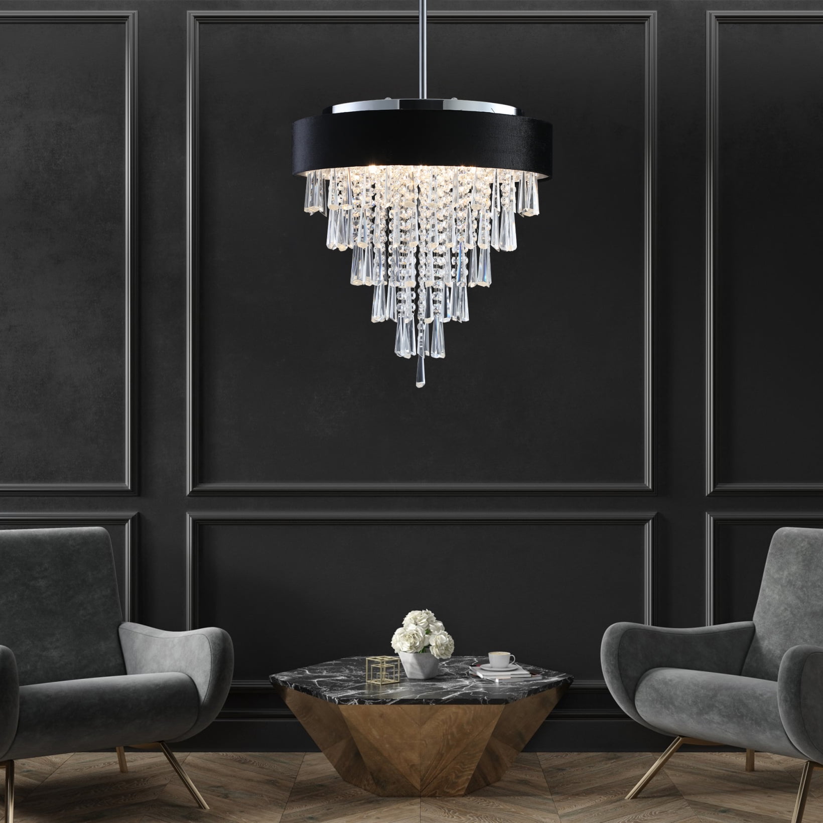 18-Inch Modern Crystal Chandelier with Black Anti-Glare Velvet Shade ...
