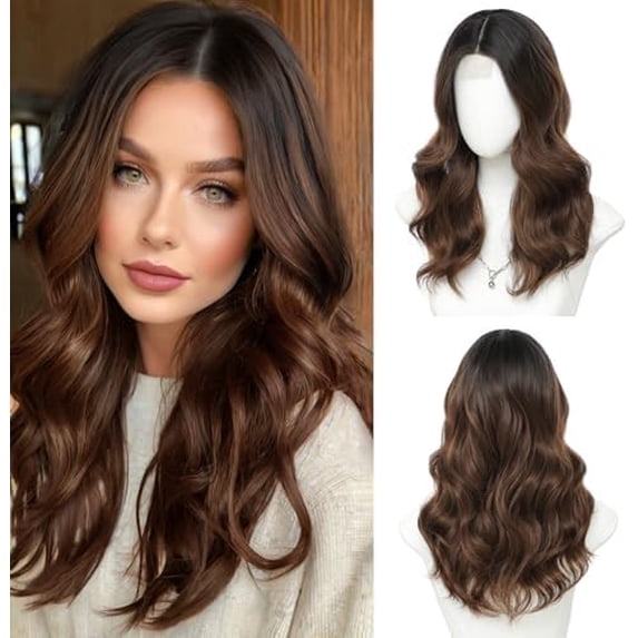 18 Inch Ombre Brown Wig for Women, Middle Part Medium Length Wavy ...