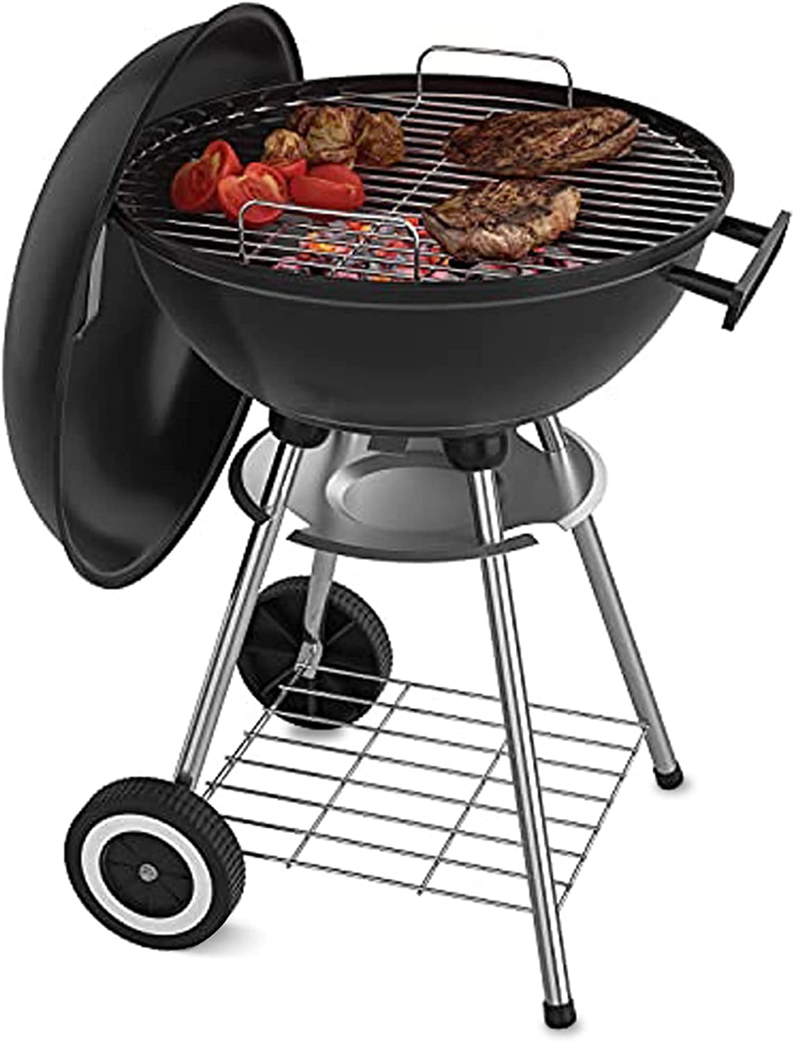 18 Inch Portable Charcoal Grill with 4 Legs and Wheels for Outdoor Cooking Barbecue Camping BBQ ...