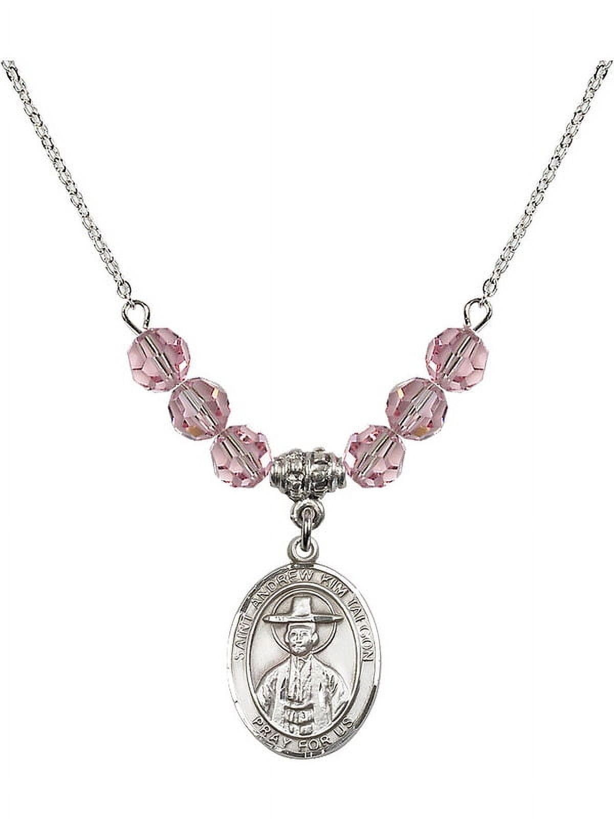 18-Inch Rhodium Plated Necklace with 6mm Light Rose Pink October Birth ...