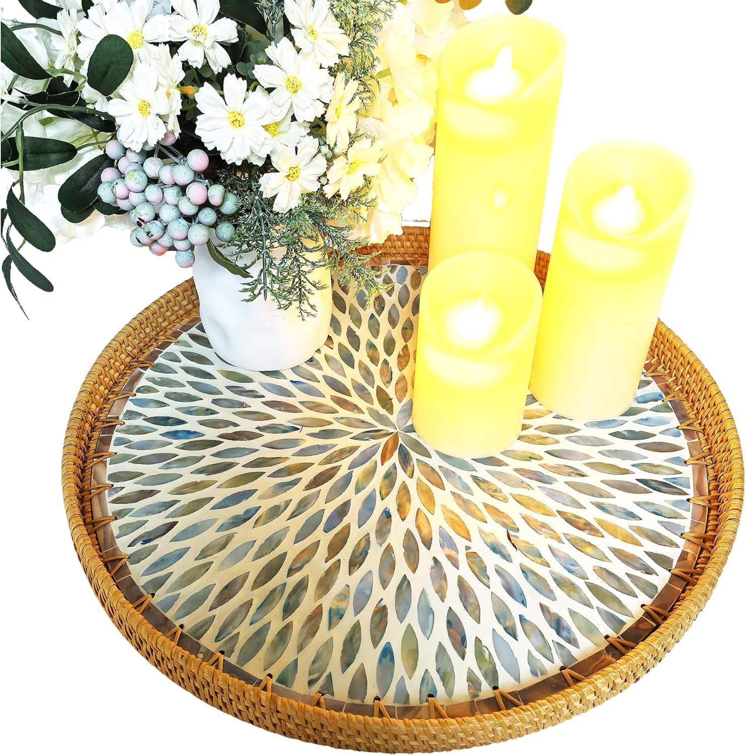 18 Inch Round Decorative Rattan Serving Platter with Mother of Pearl ...