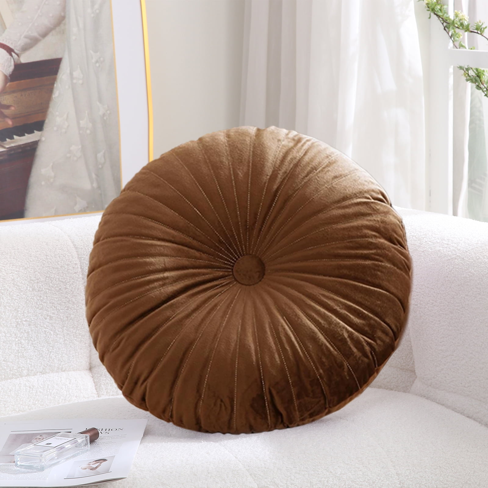 18-Inch Round Velvet Throw Pillow for Home Decorative Couch (Coffee ...