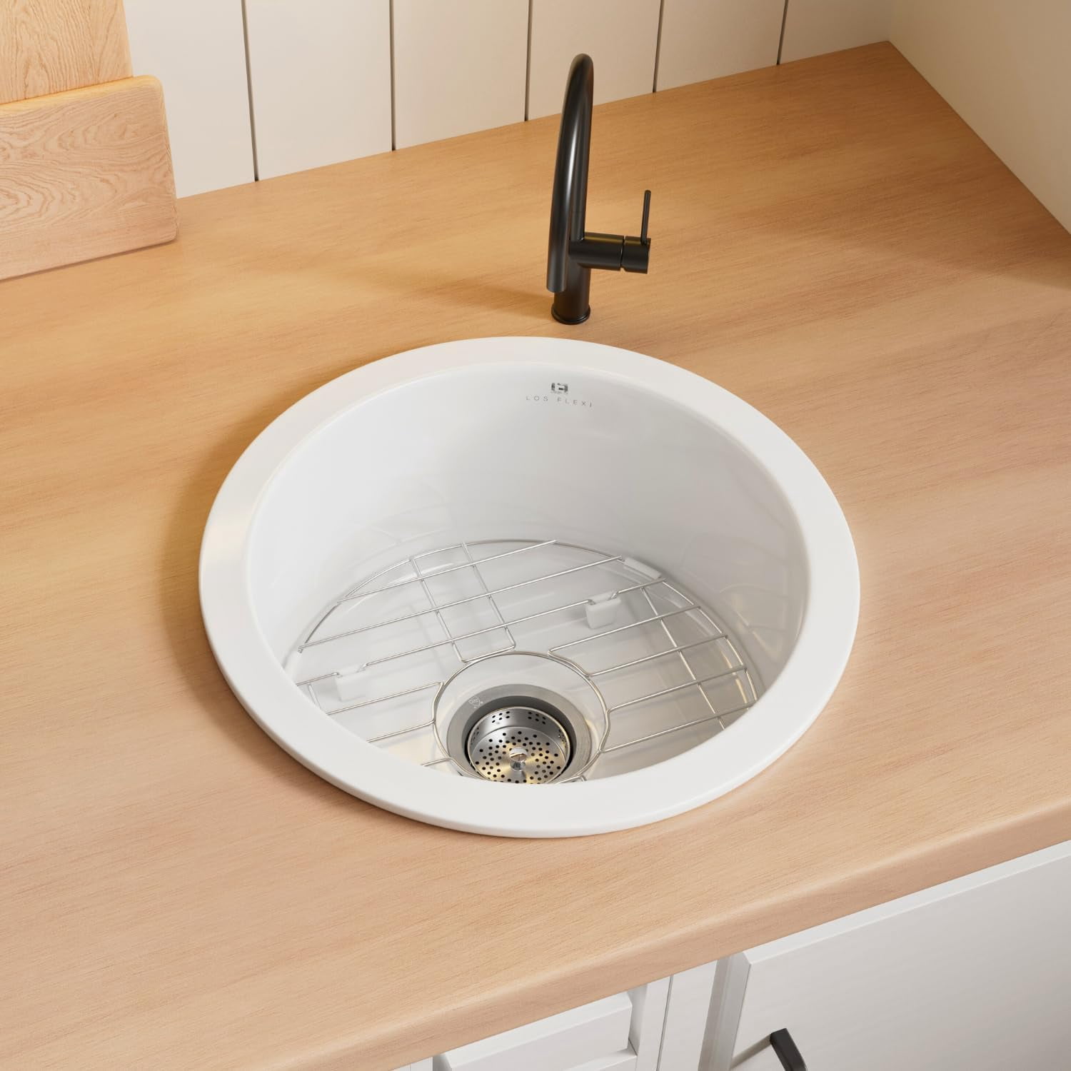18 Inch Round White Kitchen Sink Undermount, Los Flexi Drop In Fireclay ...