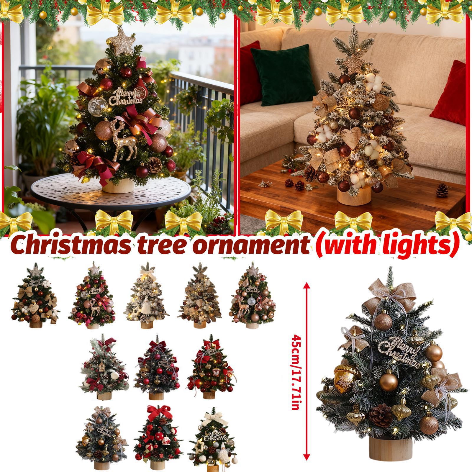 18-Inch Tabletop Mini Christmas Tree – Pre-Lit Warm LED Lights, Rustic ...