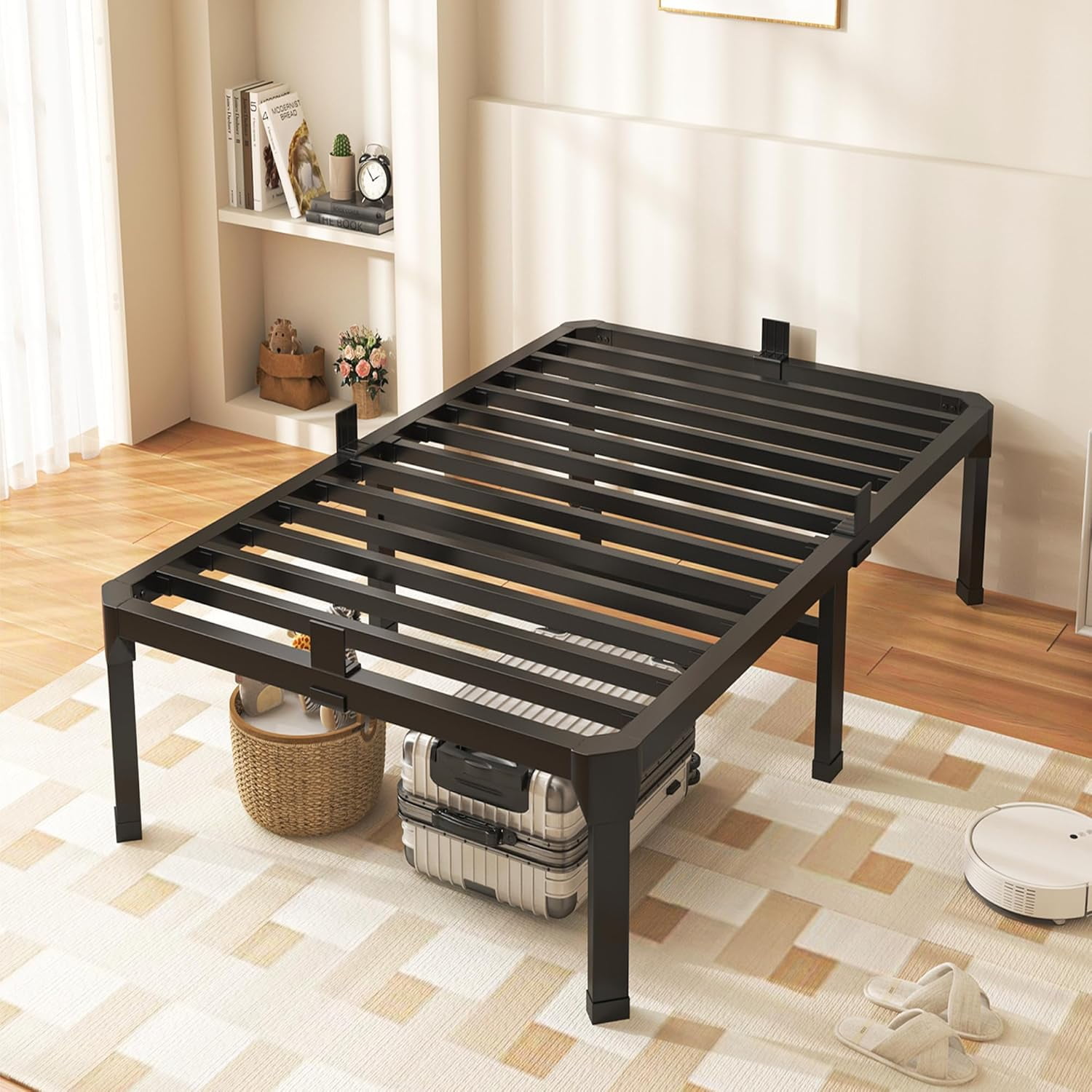 18 Inch Twin Size Bed Frame with Mattress Slide Stopper - Single Black ...