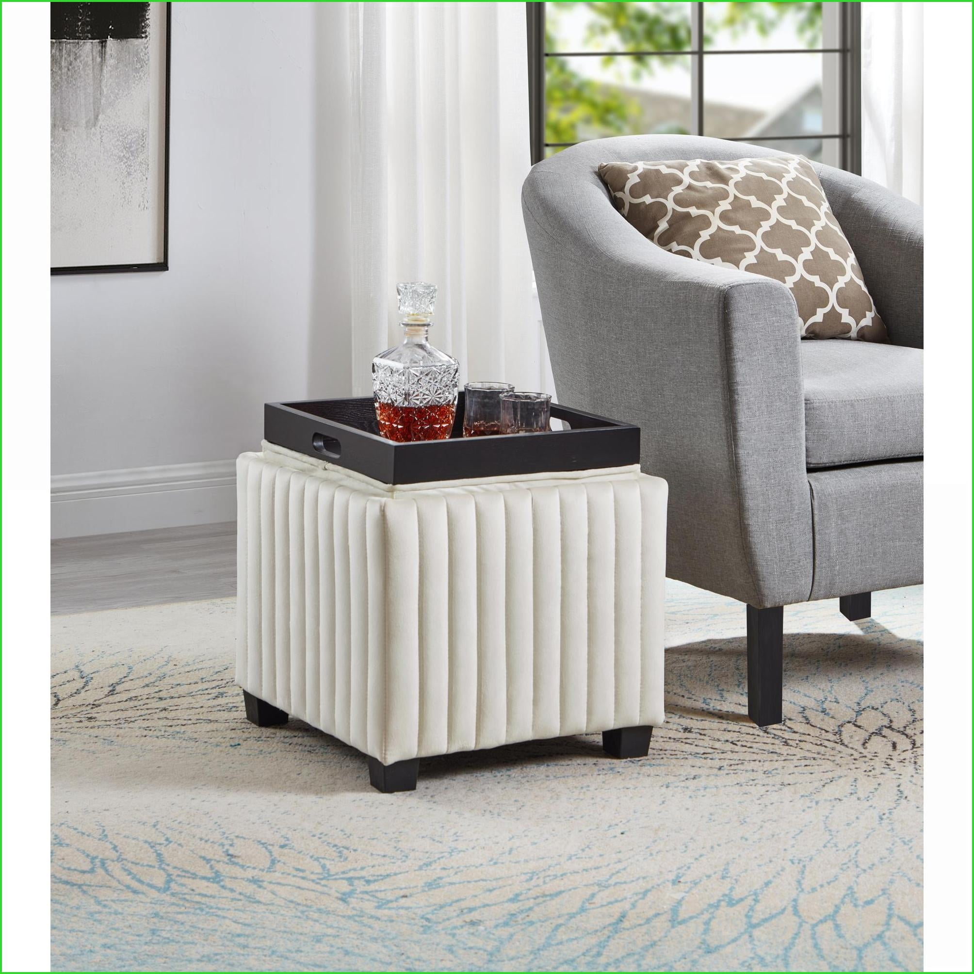 18 Inch Wide Contemporary Storage Ottoman Bench with Coffee Tray, Beige ...