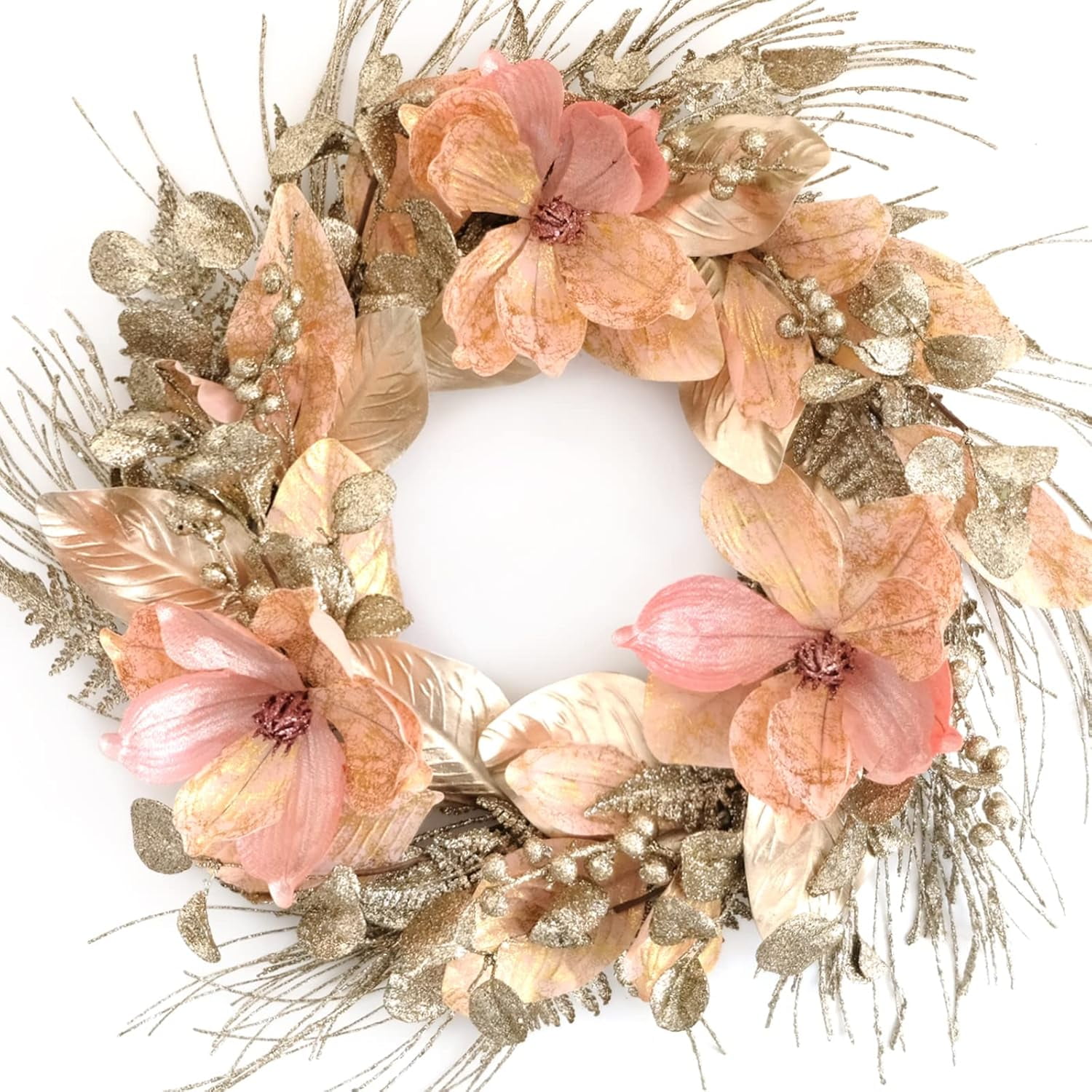 18 Inch Winter and Christmas Magnolia Flowers Gold Glitter Wreath for ...