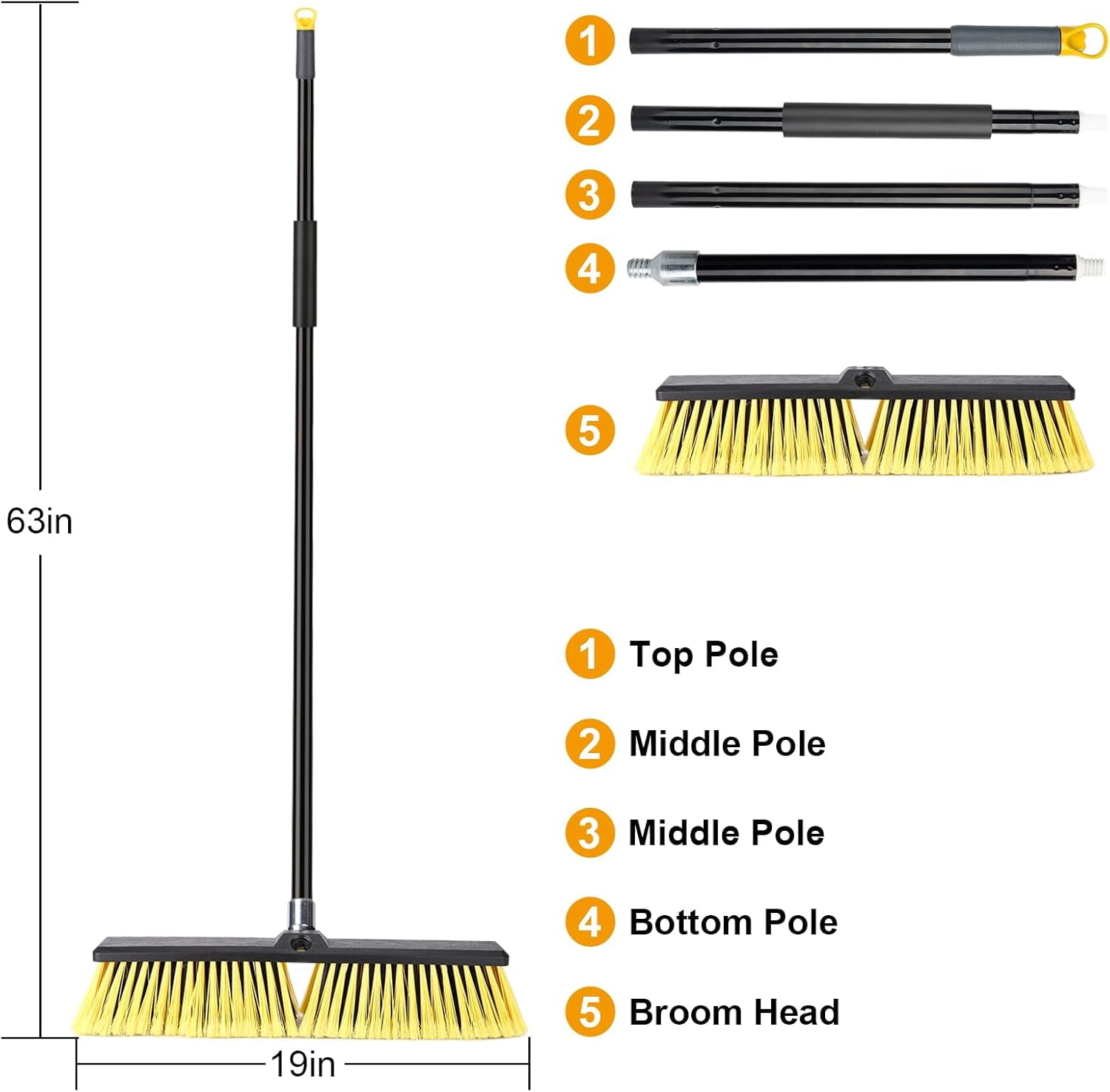 18 Inches Push Broom Outdoor - Heavy Duty Broom with 63" Long Handle ...