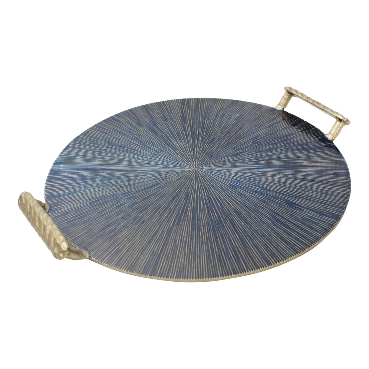 18 Inches Round Metal Frame Tray with Sunburst Design, Blue and Gold ...