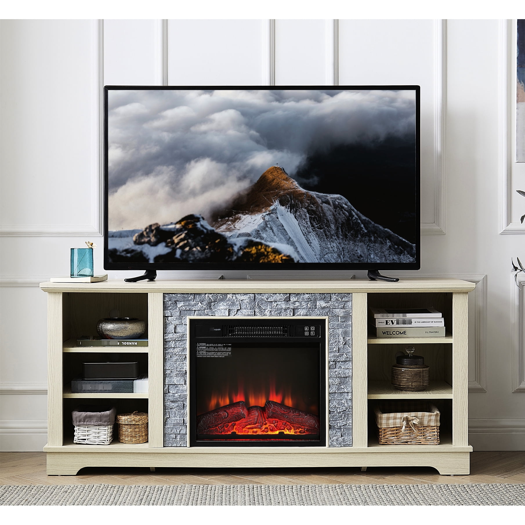 18" Insert Electric Fireplace Media Stand With Stone Look And ...