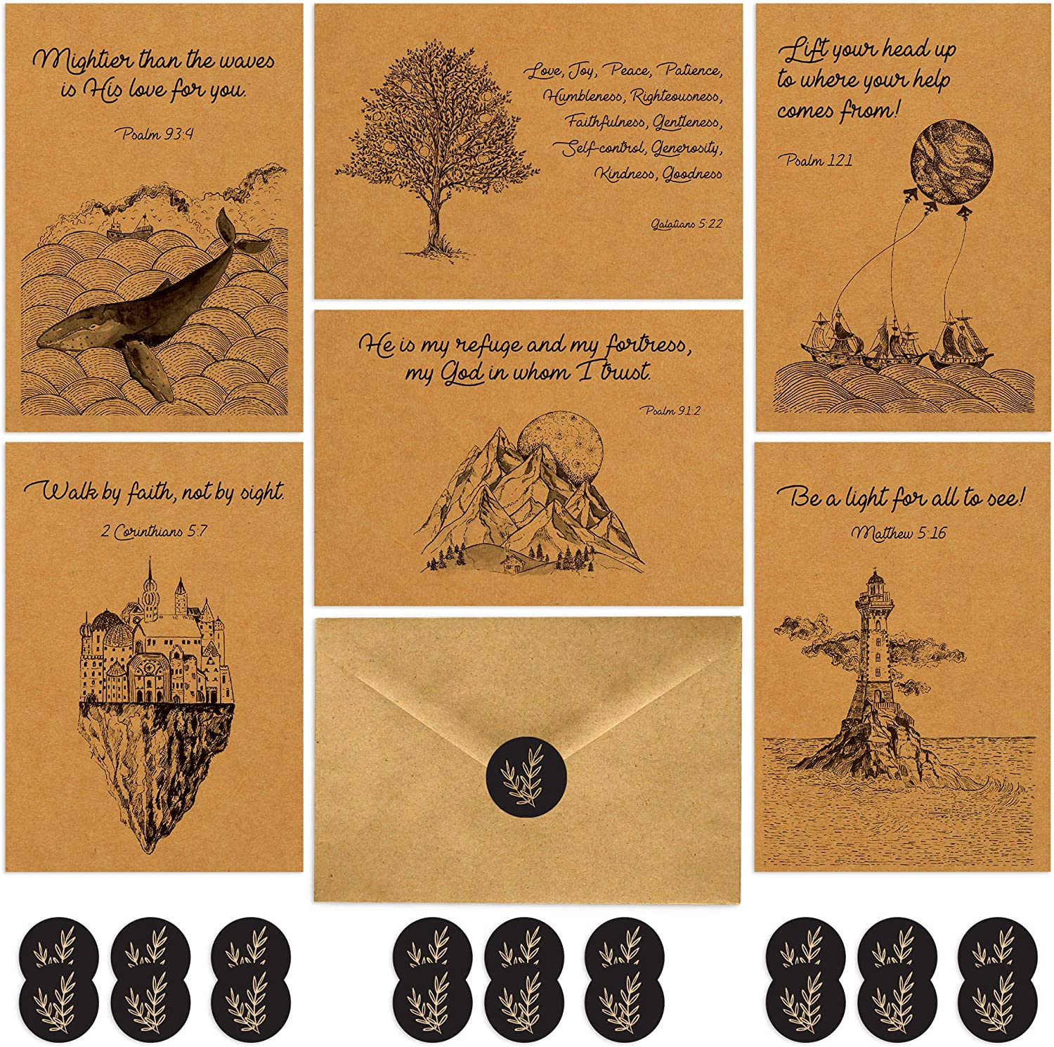 18 Kraft Inspirational Christian Greeting Cards with Envelopes (6 ...