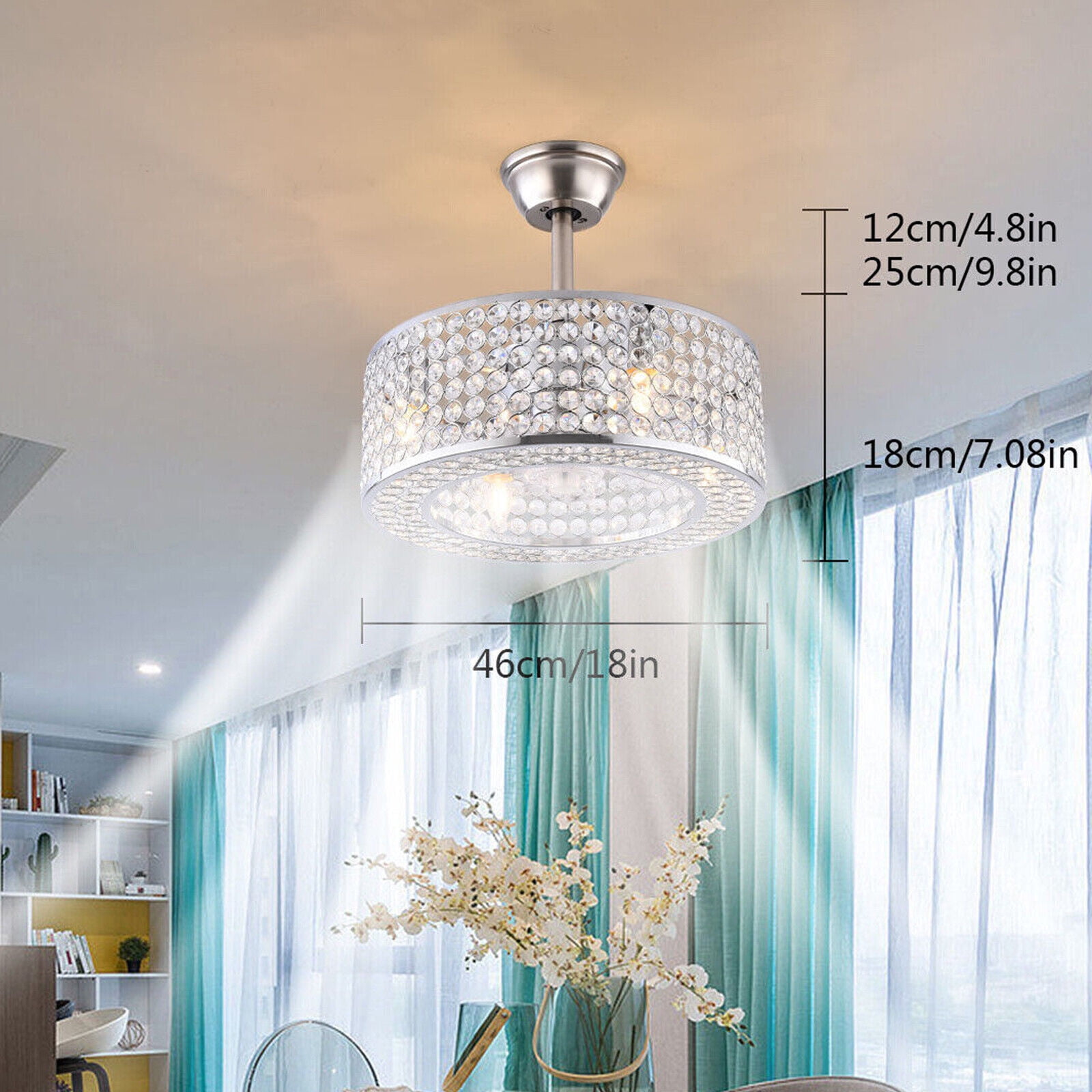 18"LED Ceiling Fan Light Crystal Chandelier Bladeless Caged Shape Lamp ...