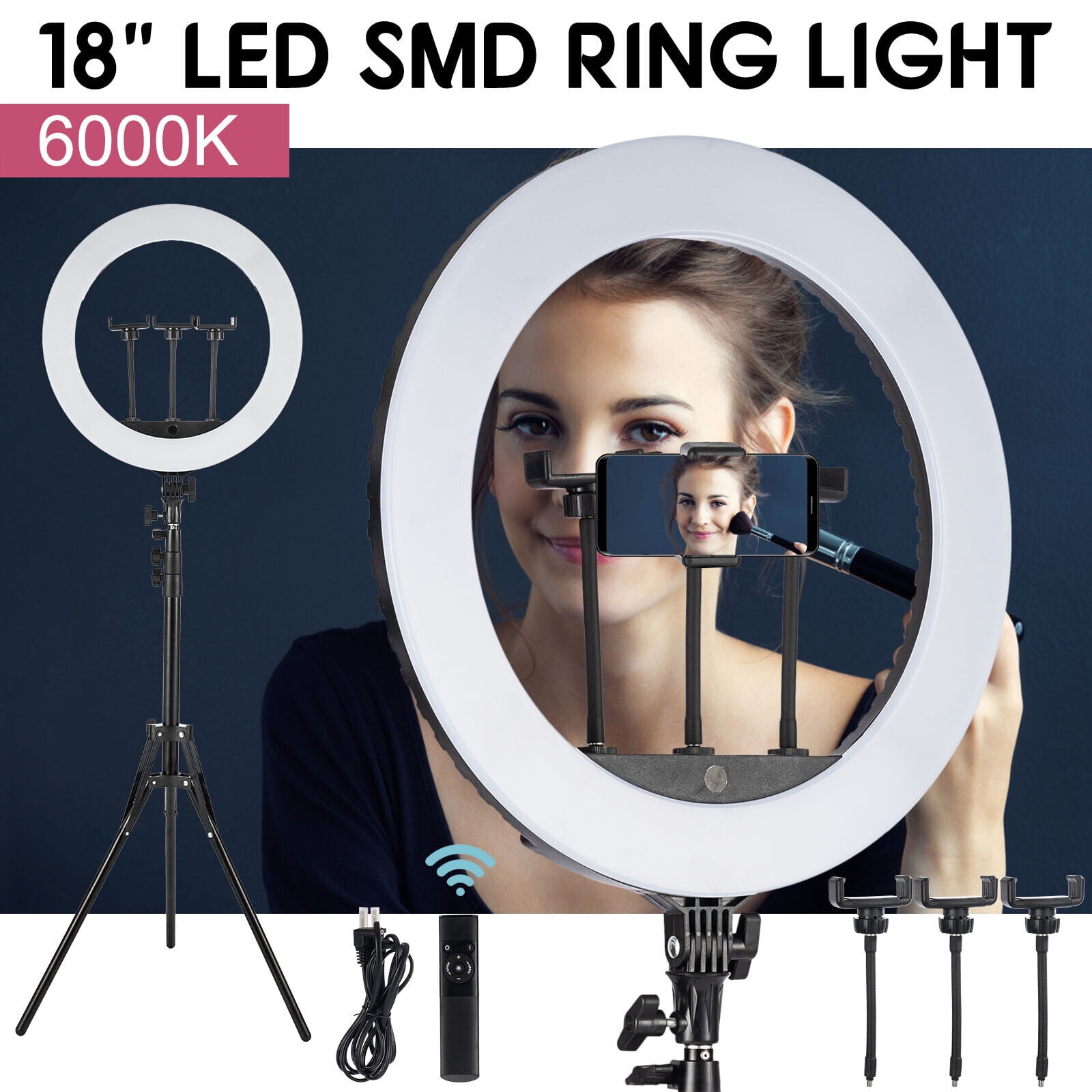 18" LED SMD Ring Light Kit With Stand Dimmable 6500K For Makeup Phone Camera - Walmart.com