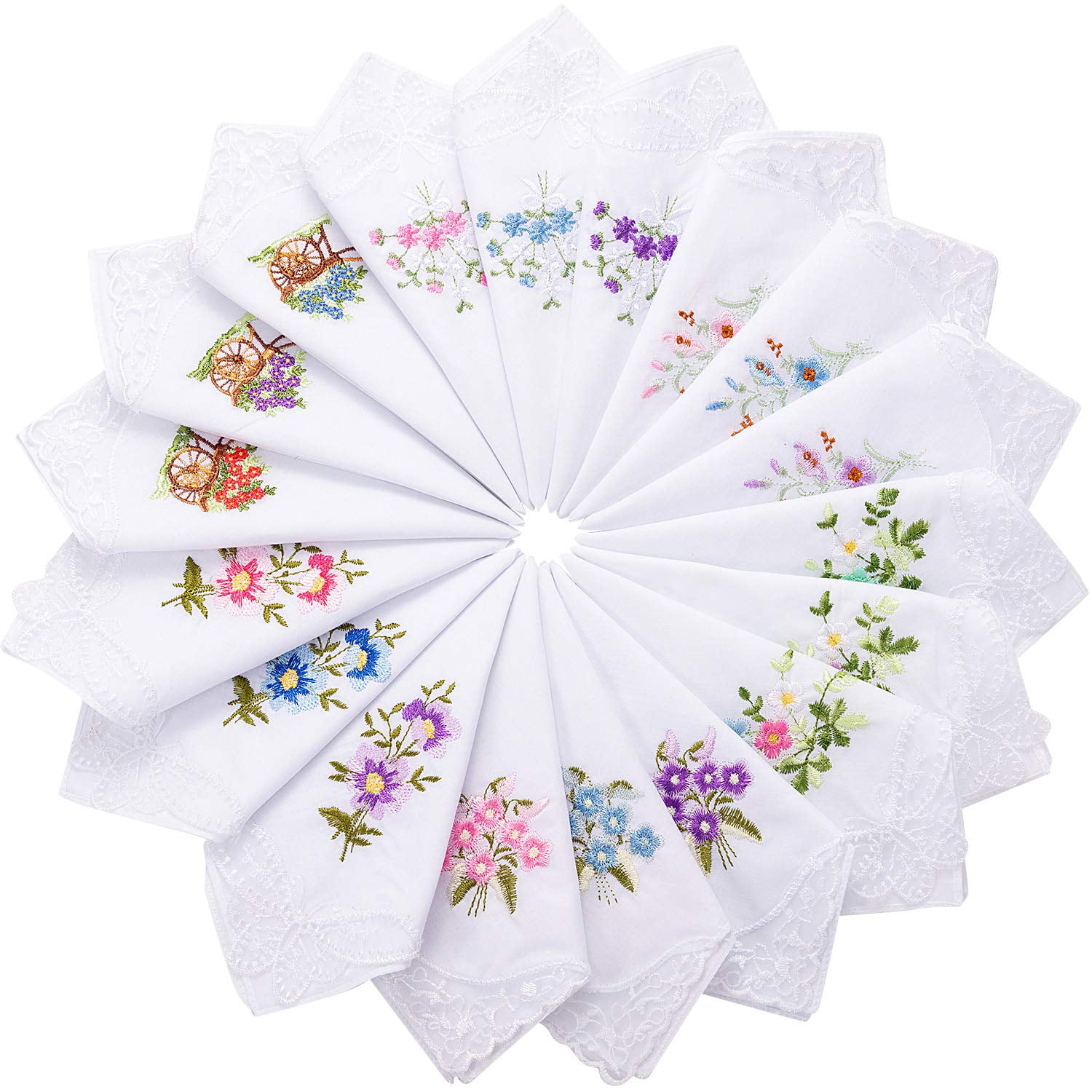 18 Ladies Cotton Handkerchiefs Flower Embroidered with Lace Colored ...