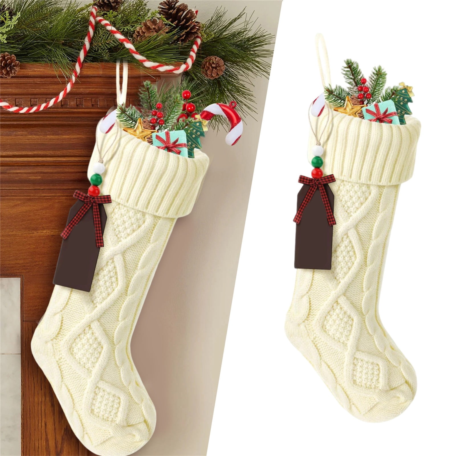 18" Large White Knitted Christmas Stocking with Personalized Leather ...