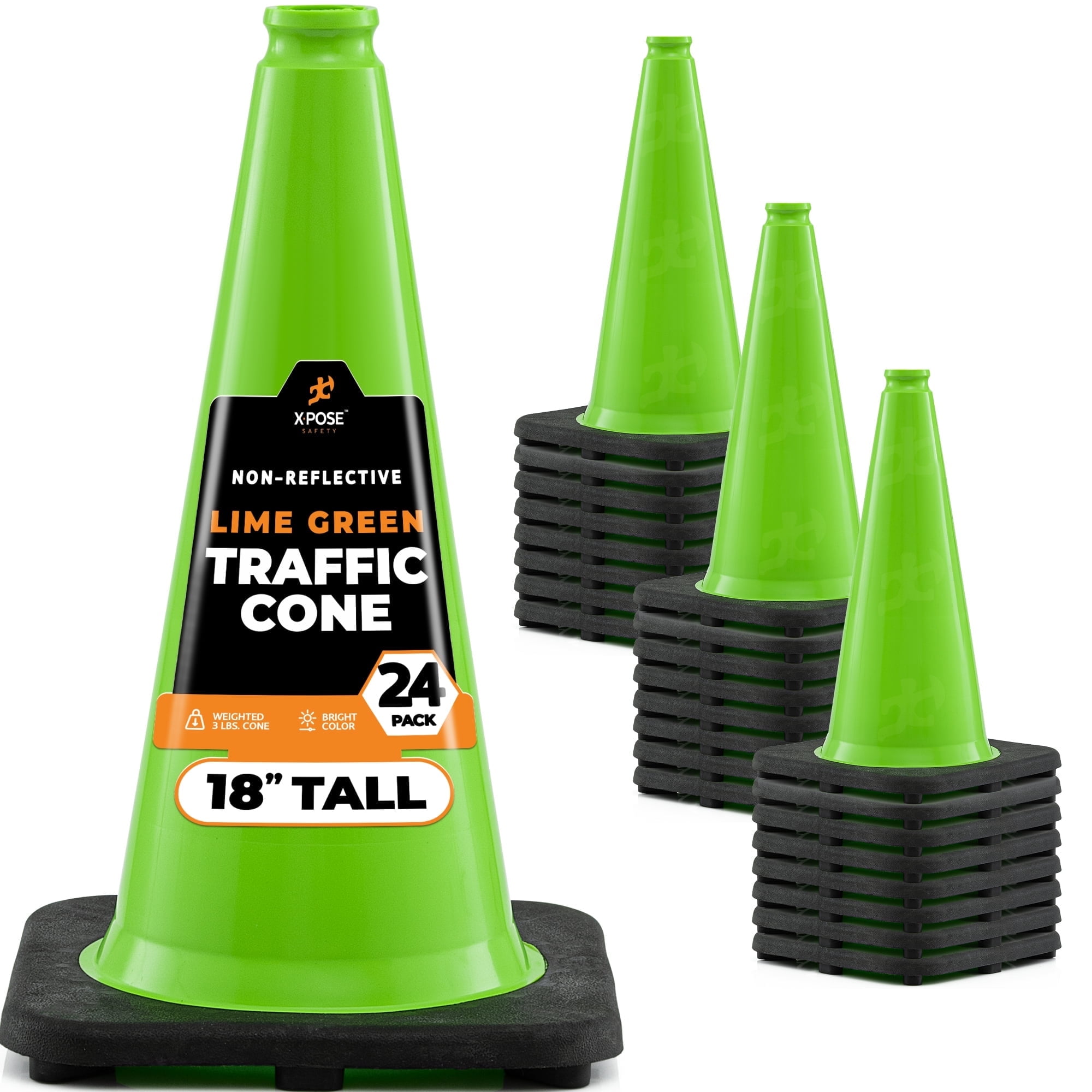 18” Lime Green Traffic Cone - 24 Pack - Premium PVC Safety Cone for ...