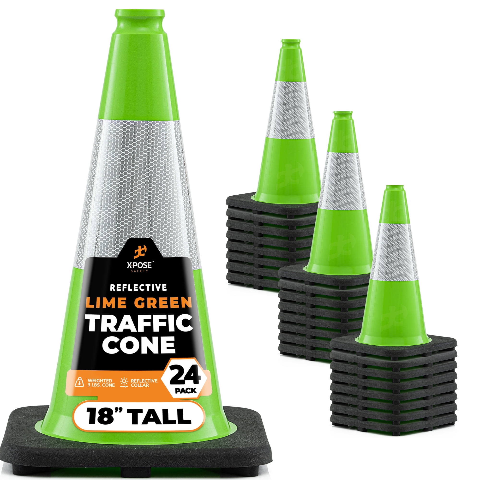 18” Lime Green Traffic Cone - 6" Reflective Collar – 24 Pack ...