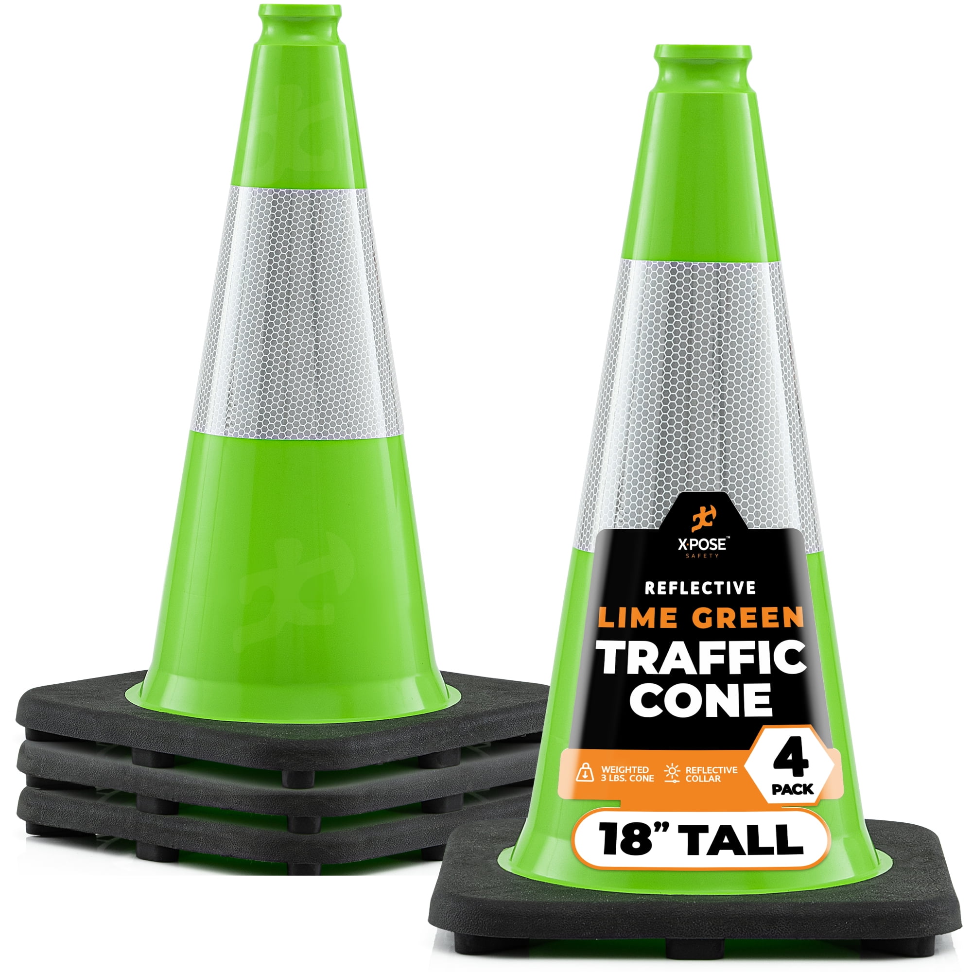 18” Lime Green Traffic Cone - 6" Reflective Collar – 4 Pack ...