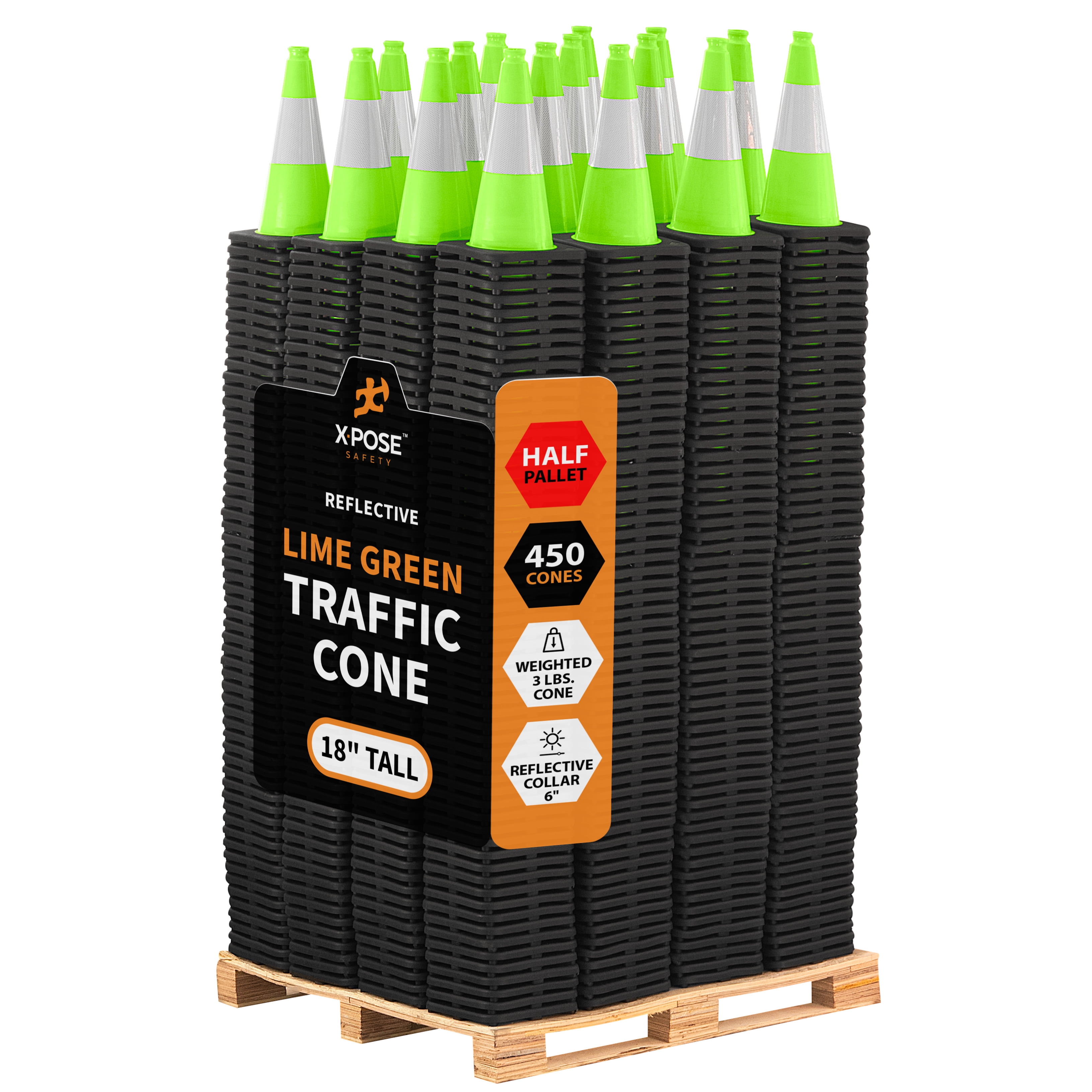 18” Lime Green Traffic Cone - 6" Reflective Collar – 450 Pack ...