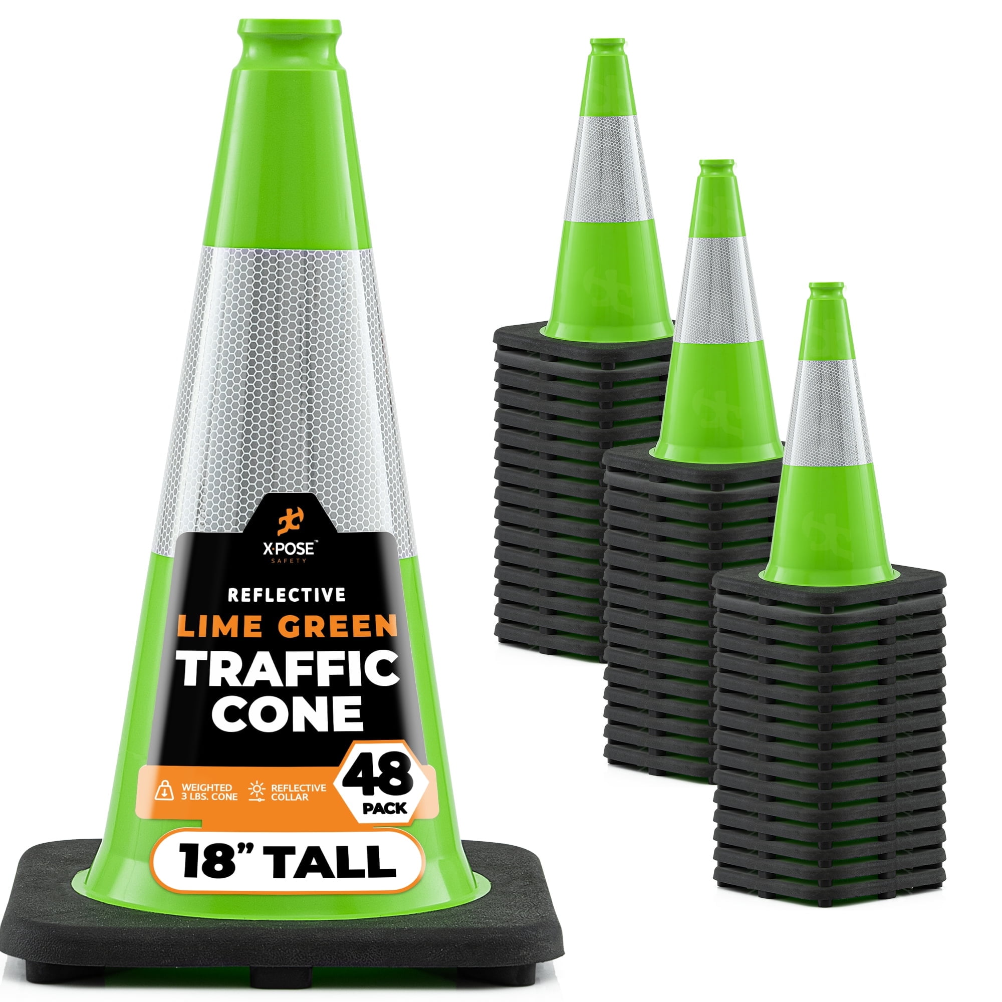 18” Lime Green Traffic Cone - 6" Reflective Collar – 48 Pack ...