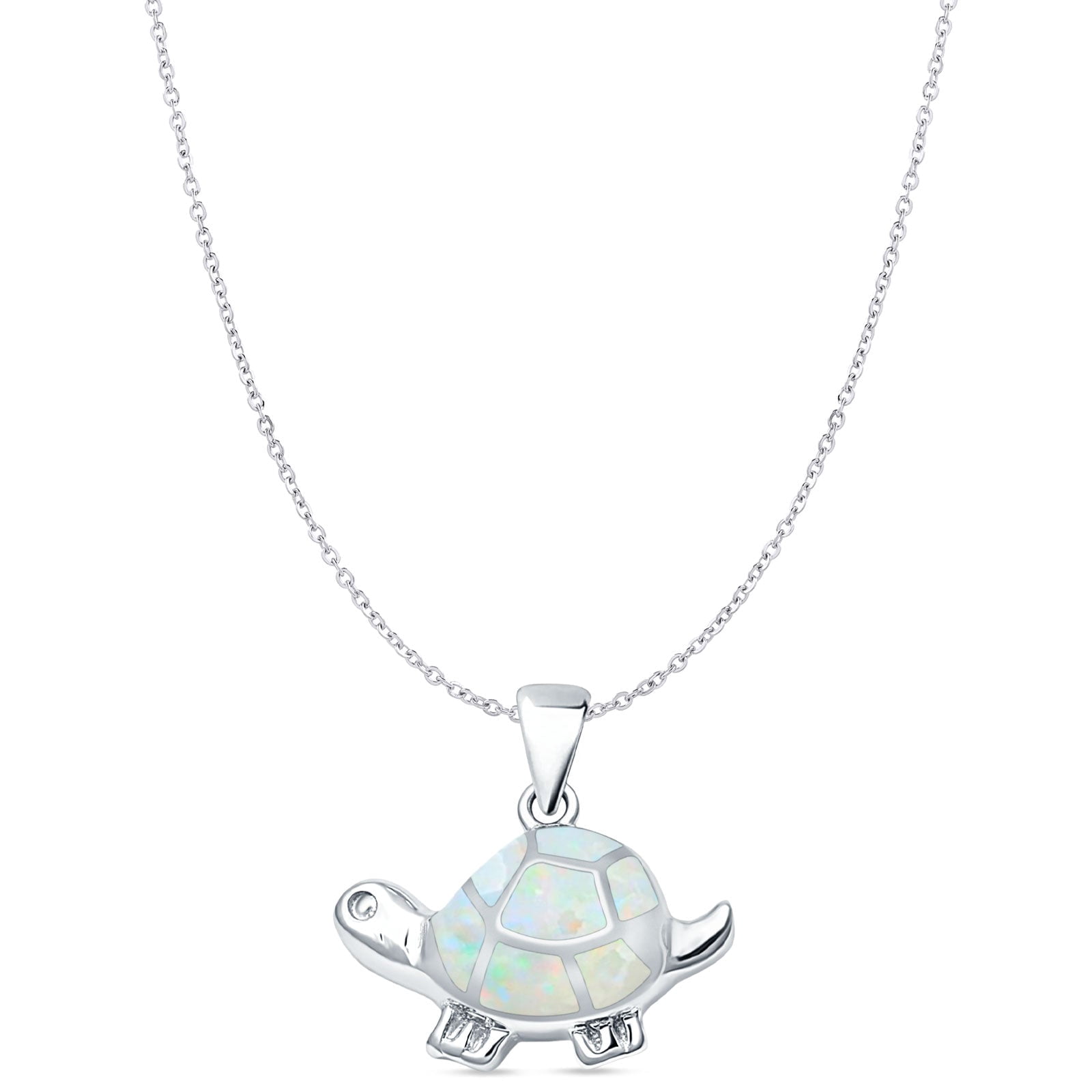 18" Long 1.4mm Cable Chain- Lab Created White Opal Turtle Pendant ...