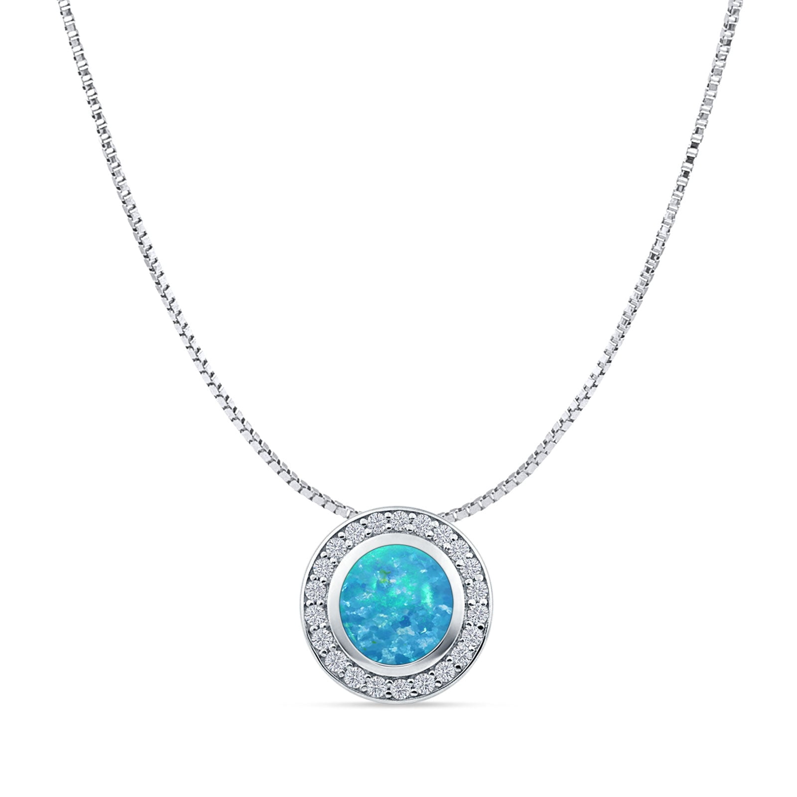 18" Long 1mm Box Chain- Lab Created Blue Opal & Halo CZ Round Pendant ...