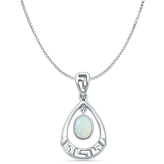 18" Long 1mm Box Chain- Lab Created White Opal Dangle Drop Pear Pendant ...
