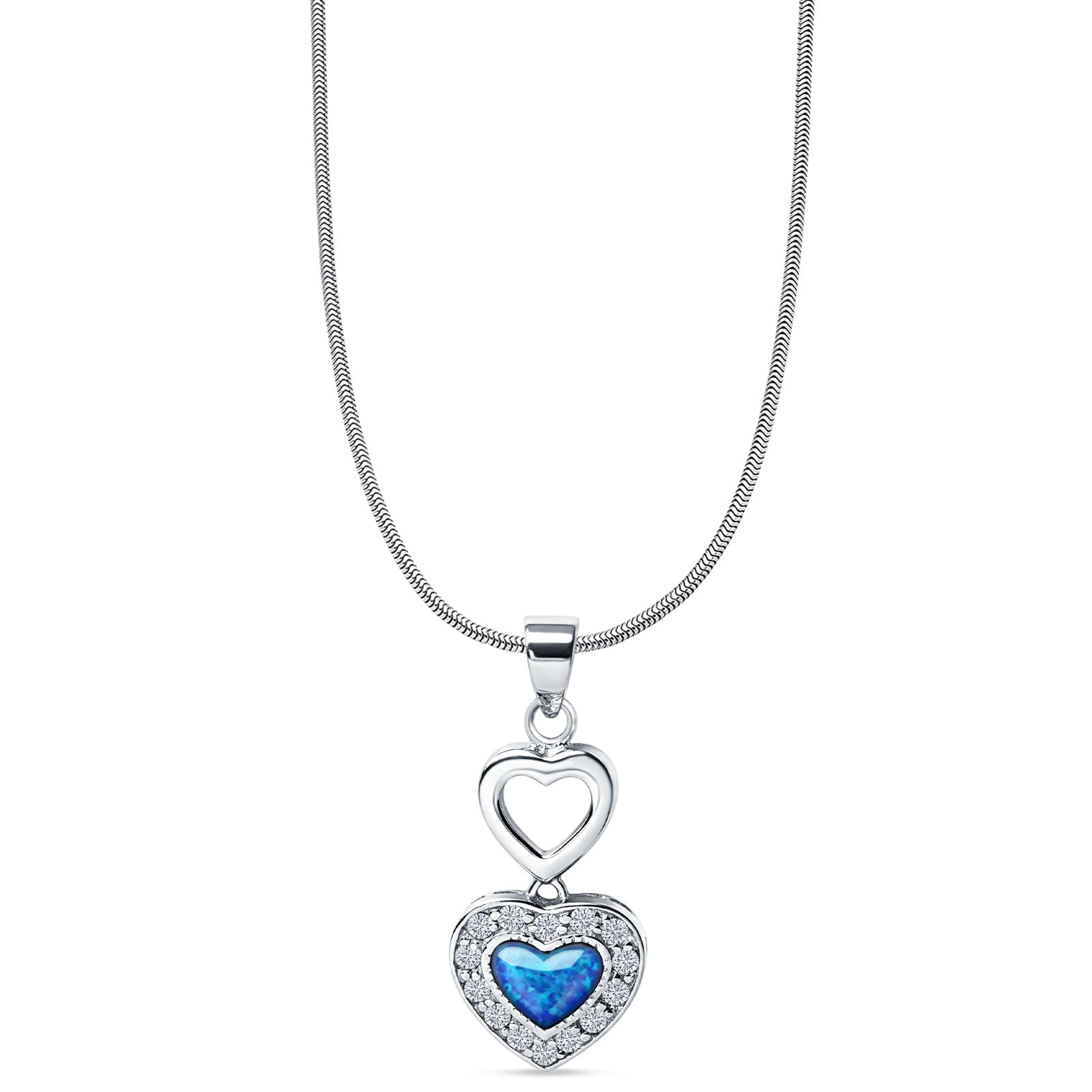 18" Long 1mm Snake Chain- Lab Created Blue Opal & CZ Heart Pendant ...
