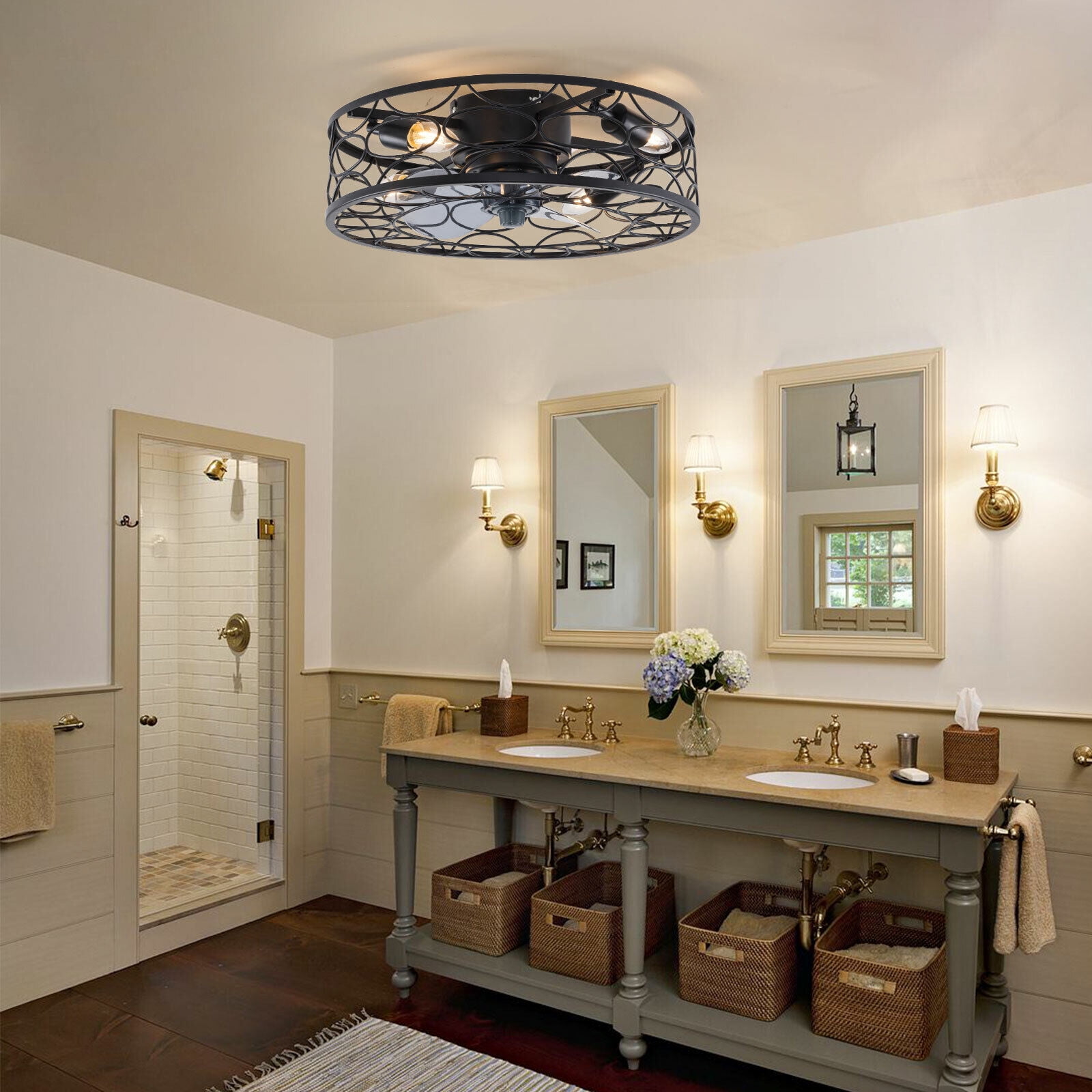 18'' Low Profile Caged Ceiling Fan with Lights Remote Control, Enclosed ...