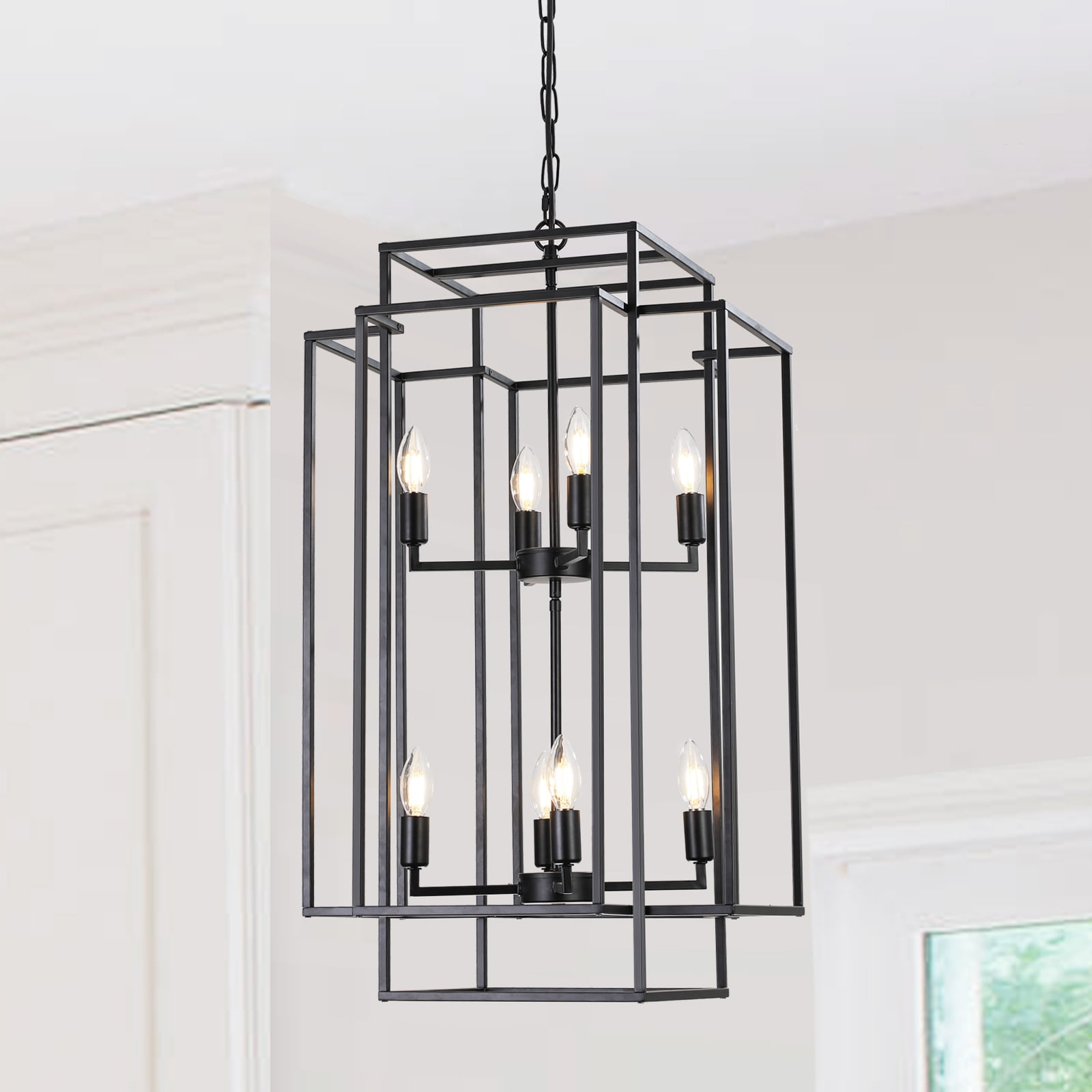 18" Modern 8-Light Black Geometric Pendant Chandelier, Industrial Metal ...