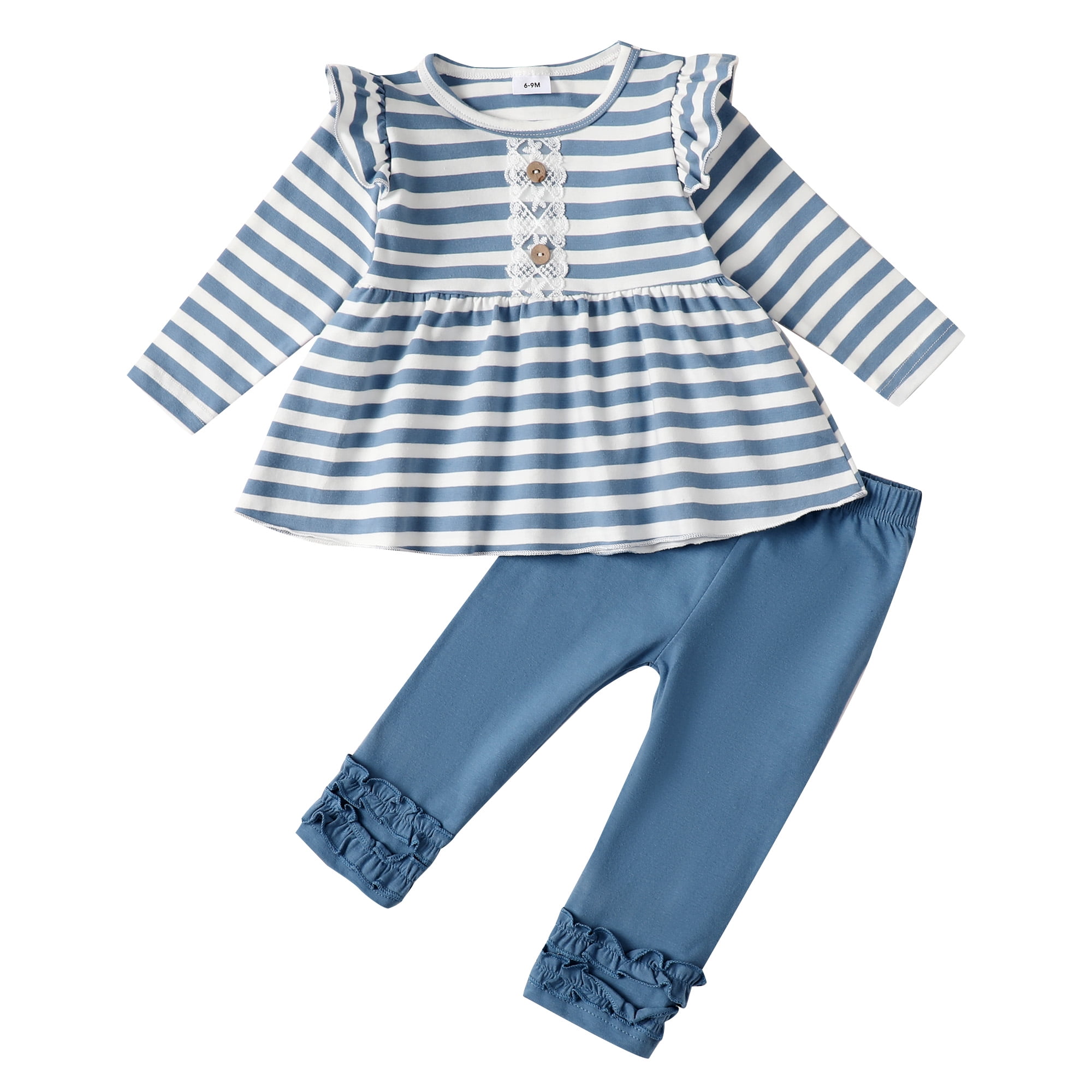 Mioglrie Baby Girls Clothes, Long Sleeve Stripe Top Pants Set, Blue, 6 ...