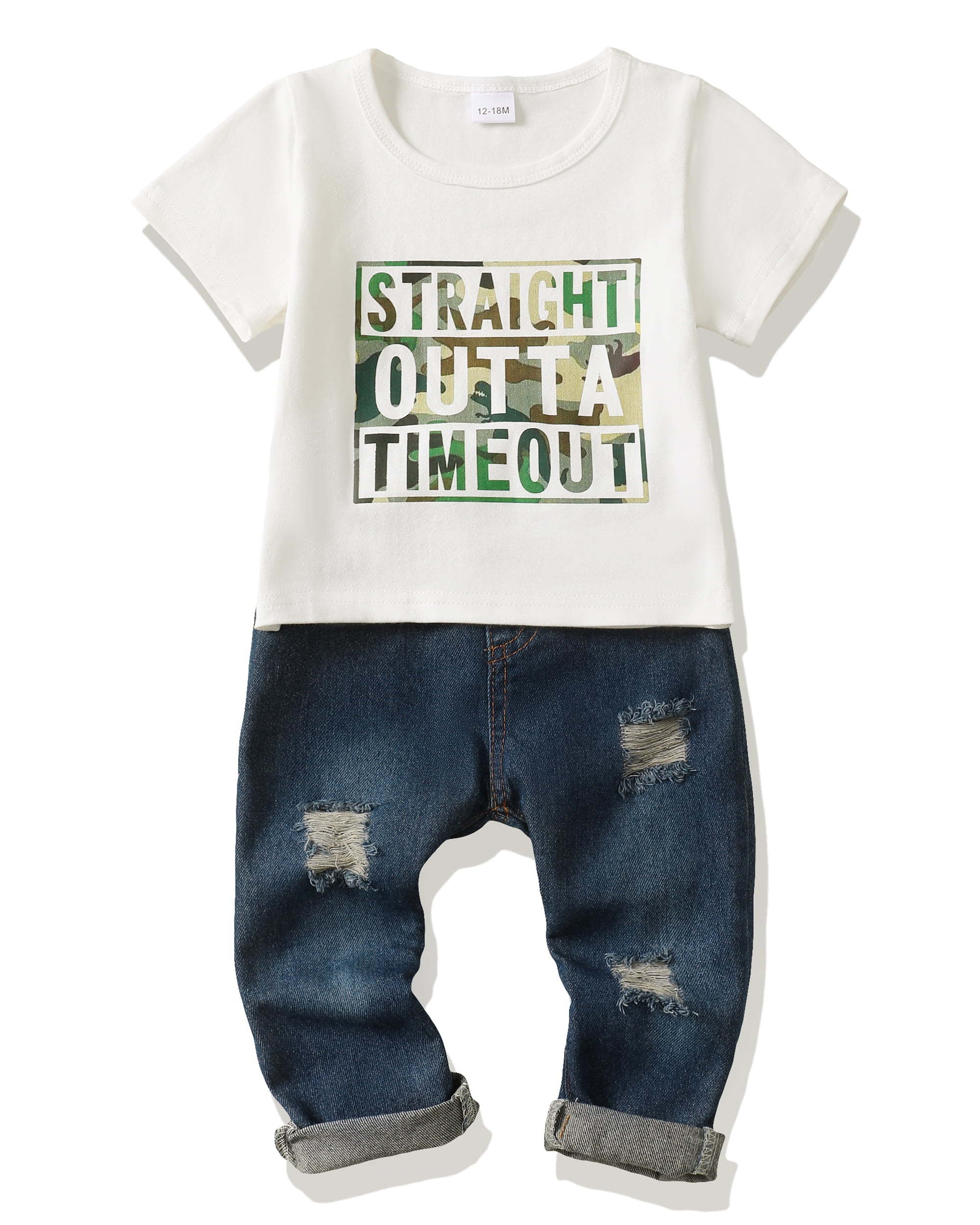 Toddler Clothes for Boys Summer Crew Neck White Top Denim Pants Jeans ...