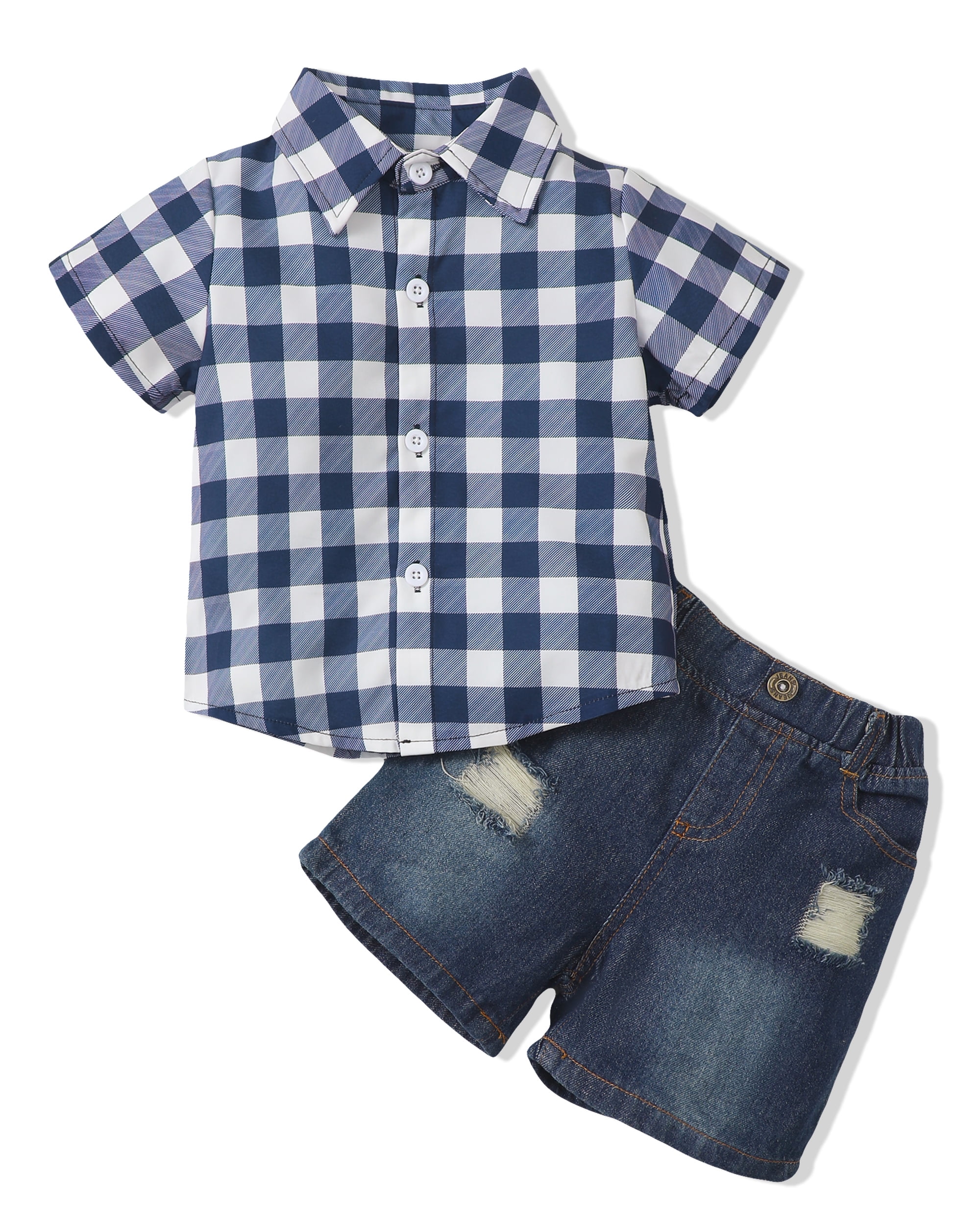 Baby Boy Outfits 18 Months Boy Clothes Summer Plaid Blue Short Sleeve Shirt Denim Shorts Set 18 ...