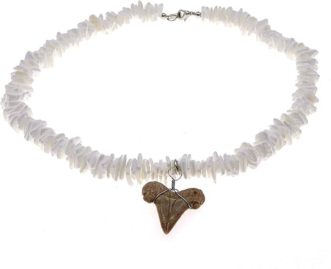 Shark Tooth Necklace - 18" Puka Shell Choker, Fossil Teeth Beach Surf ...
