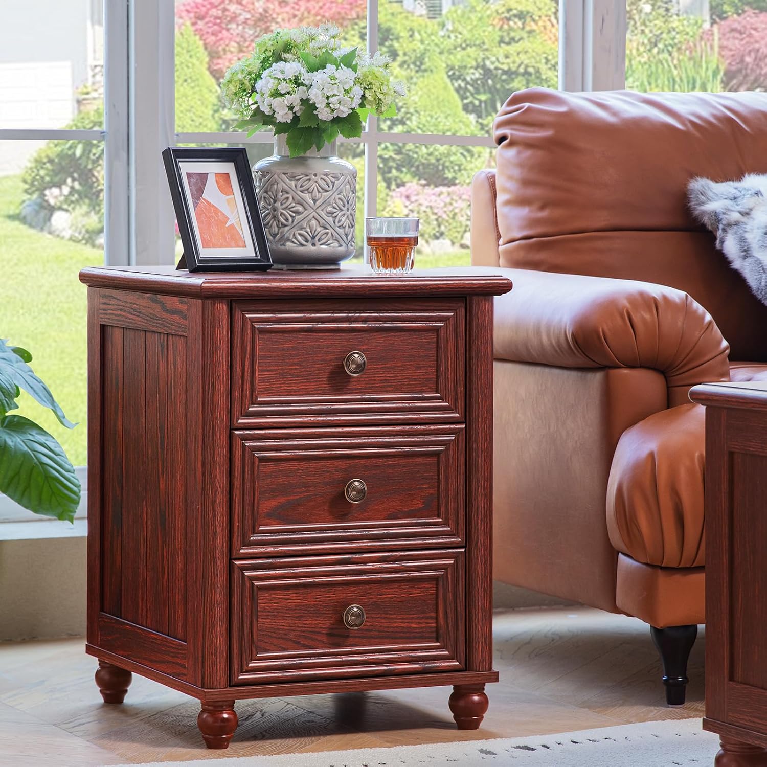 18" Night Stand, Red Oak Wood Nightstand with 3 Drawers, Bedside End ...