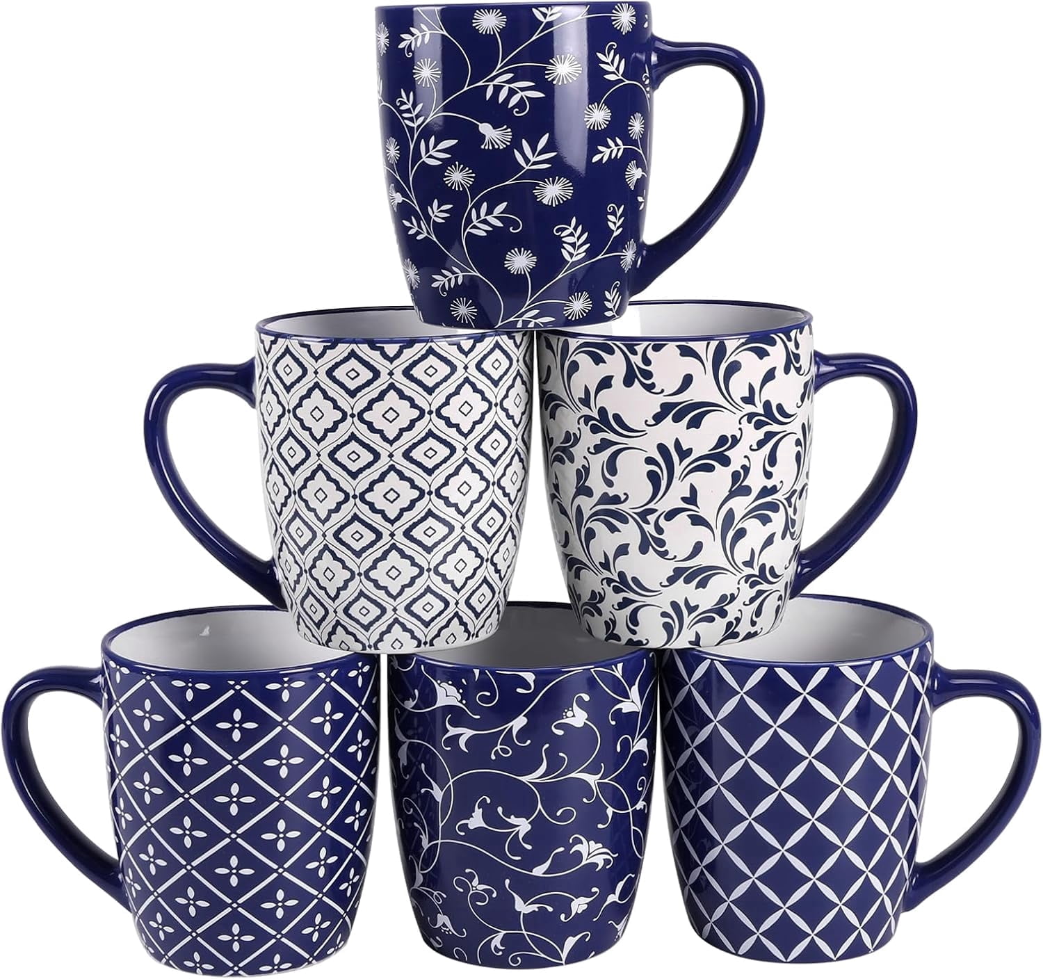 18 OZ Large Coffee Mugs Set of 6, Ceramic Mug for Man Woman, Blue White ...