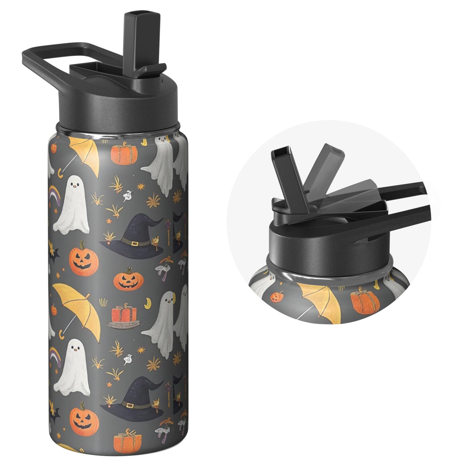 18 OZ Spooky Halloween Water Bottle With Straws Double Walled Vacuum ...