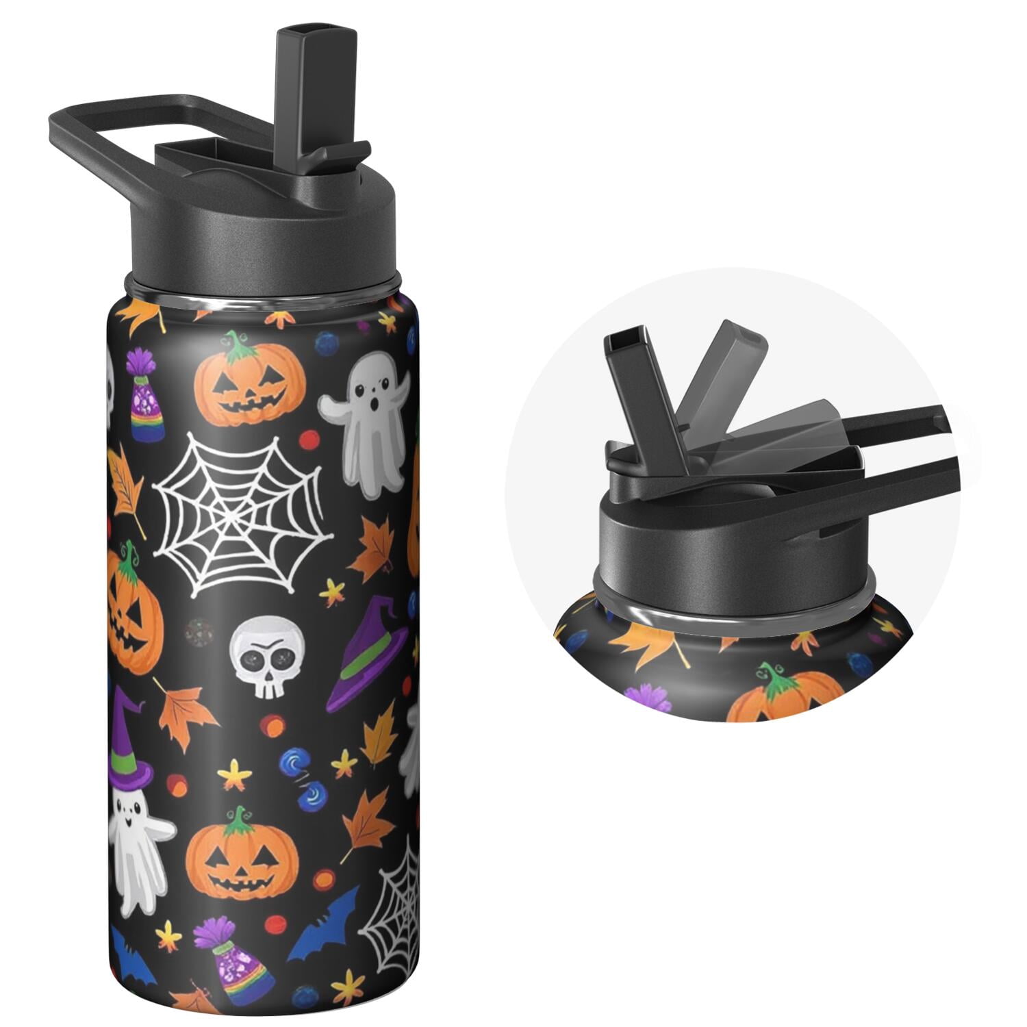 18 OZ Spooky Halloween Water Bottle With Straws Double Walled Vacuum ...