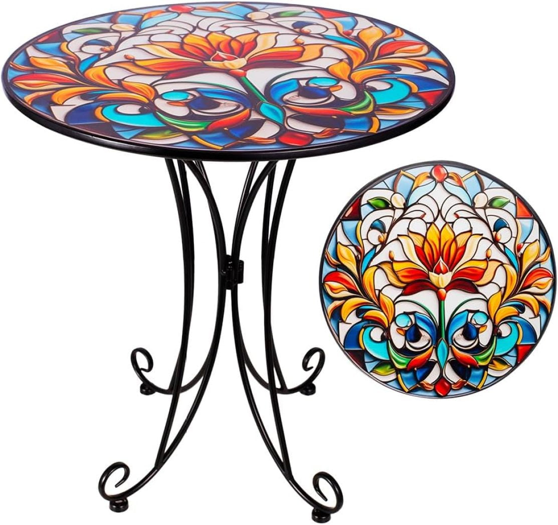 18" Outdoor Side Table, Mosaic Metal Accent Table, Indoor Small Round ...
