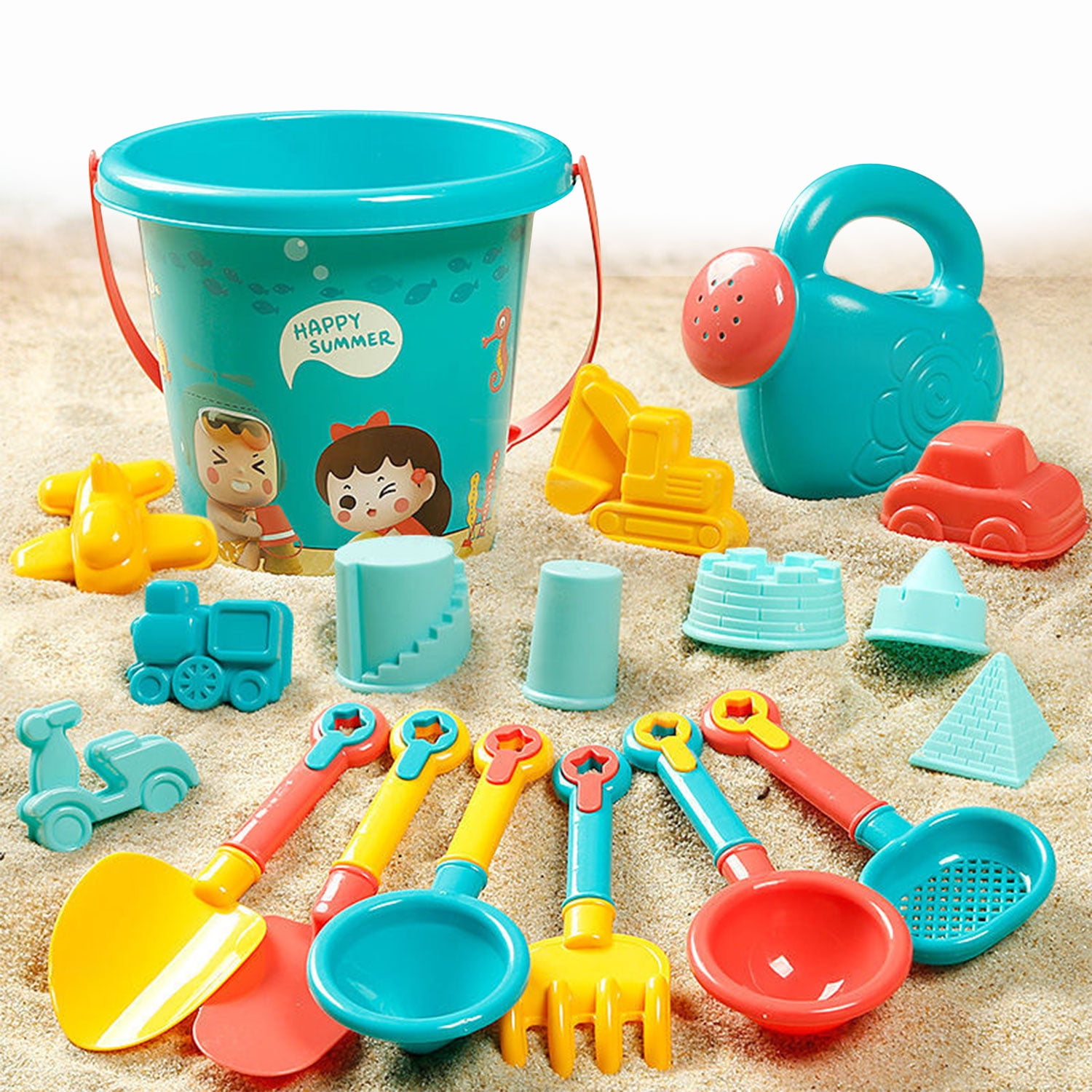 Pon Pon 18 PCS Beach Toy Set, Sand Bucket, Digging Tools, Castle Molds ...