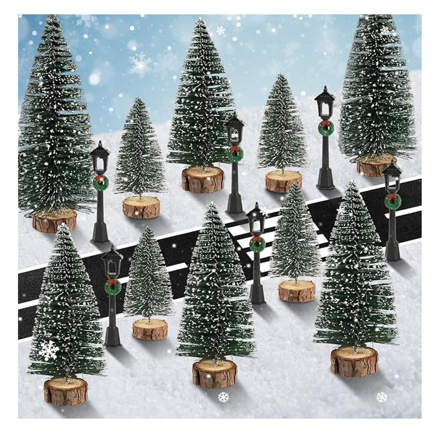 18 PCS Christmas Town Village Accessories Set Christmas Trees Road ...