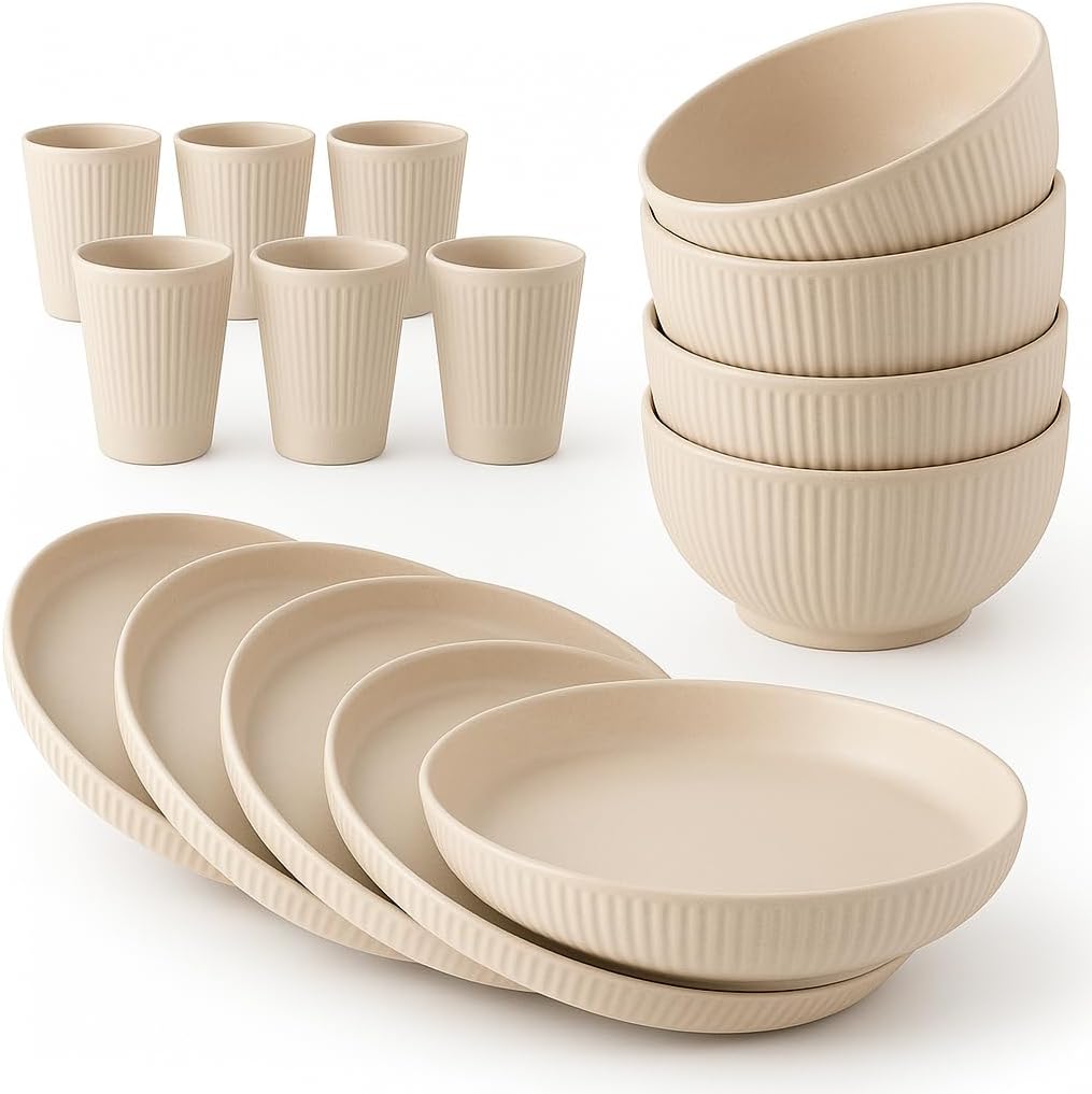 18 PCS Wheat Straw Dinnerware Sets Plates and Bowls Set Kitchen Cups ...